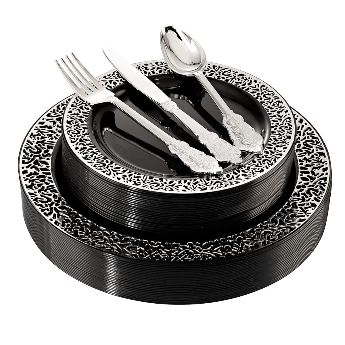 WELLIFE 125PCSBlack Plastic Dinnerware, KEF16 Disposable Sliver Plastic ...