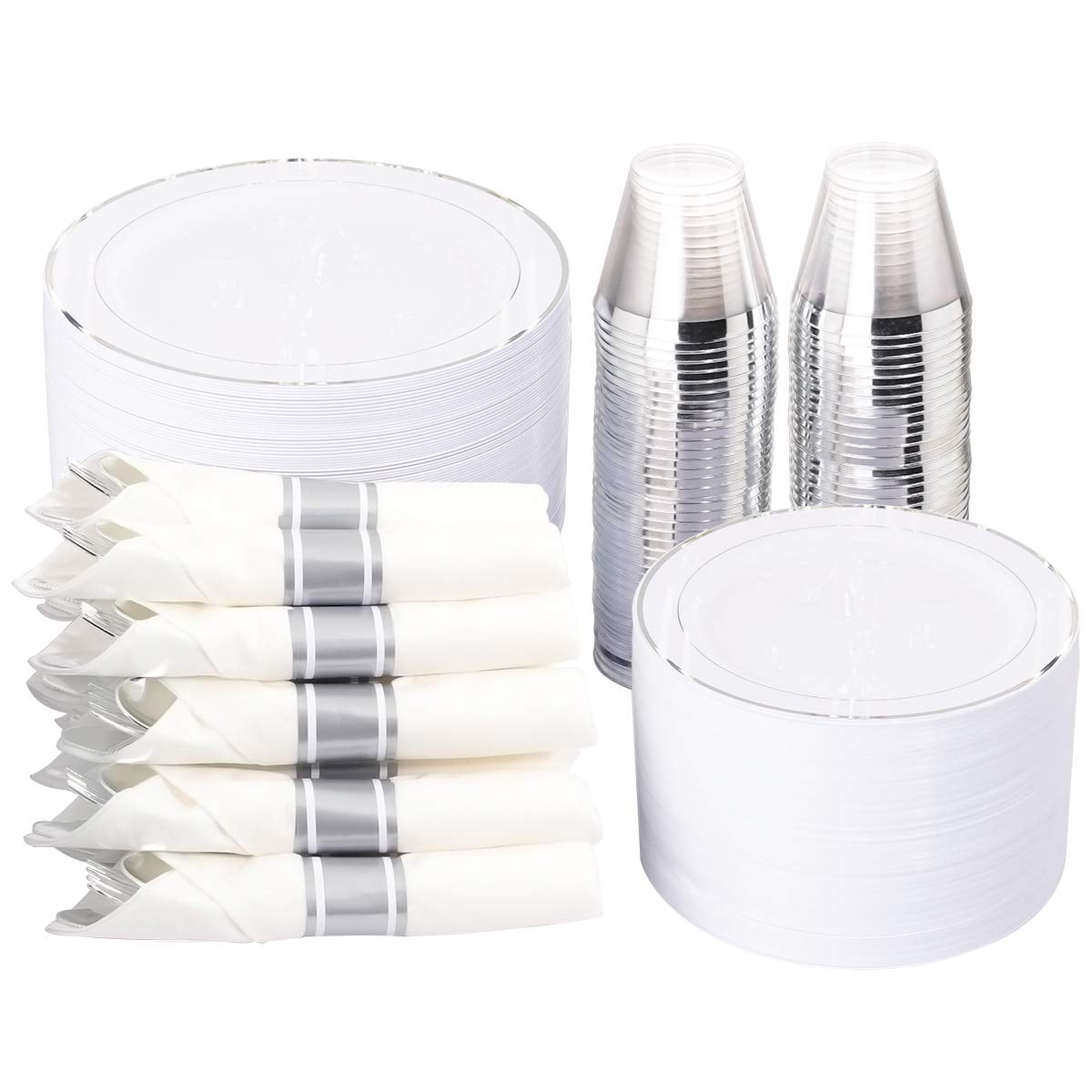 WELLIFE 350Pcs Silver Plastic Plates - Disposable Silverware, Include ...