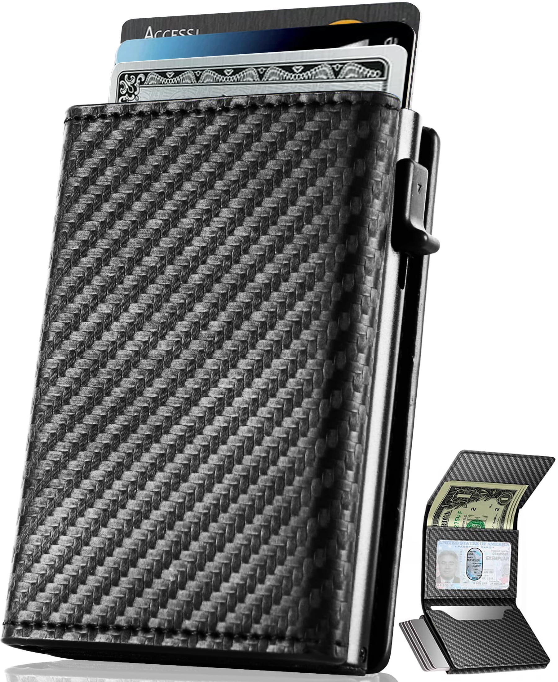 WELLNEC Men's Pop Up Wallet, RFID Blocking, Carbon Fiber, ID Window ...