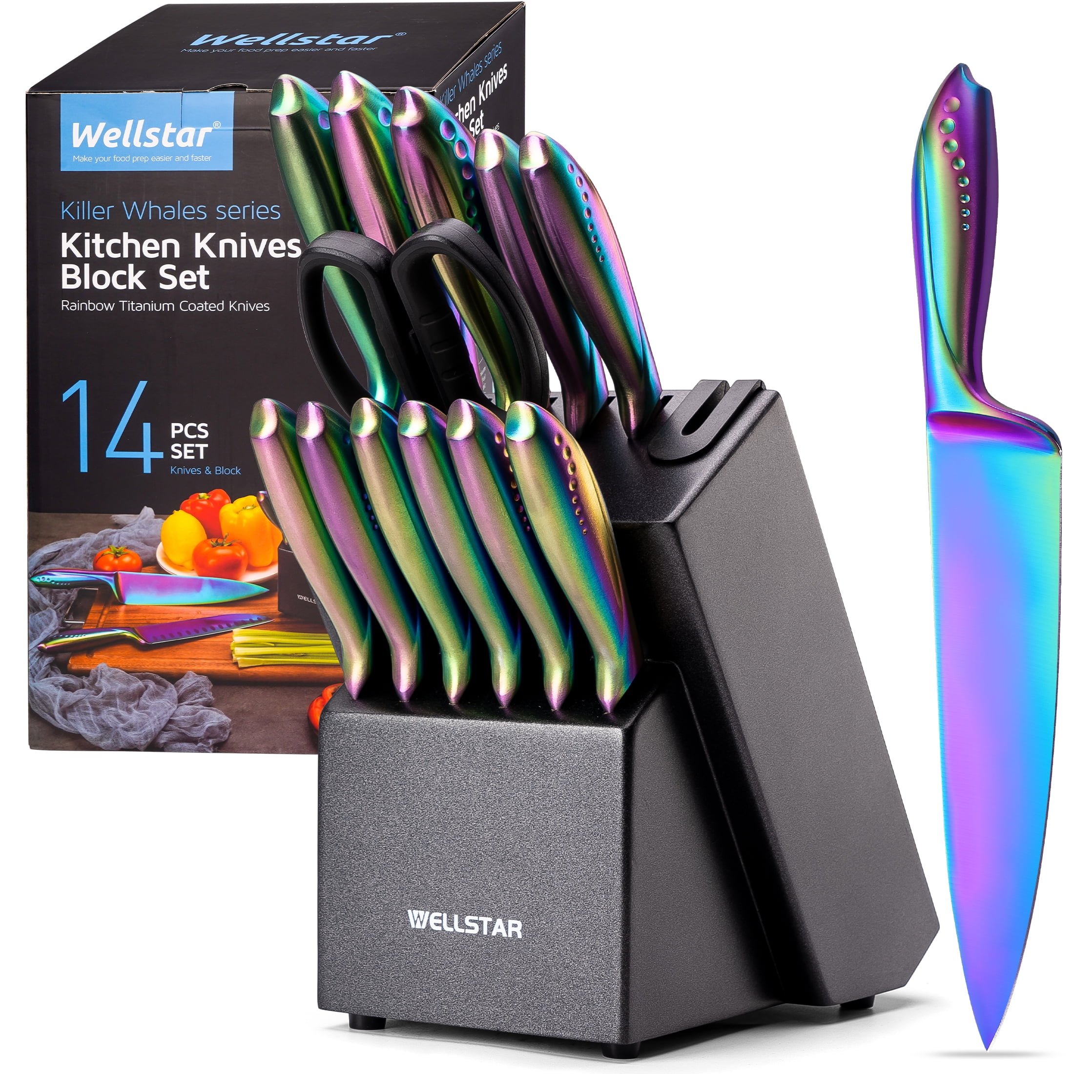 WELLSTAR Rainbow Knife Set with Wooden Knife Block 14 Pieces - Walmart.com