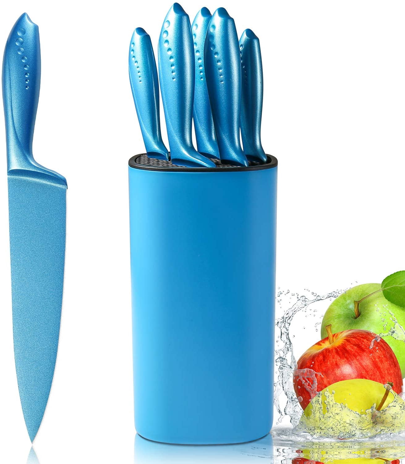 WELLSTER Blue Kitchen Knife Set with Block, 6 Pieces Knives Universal ...