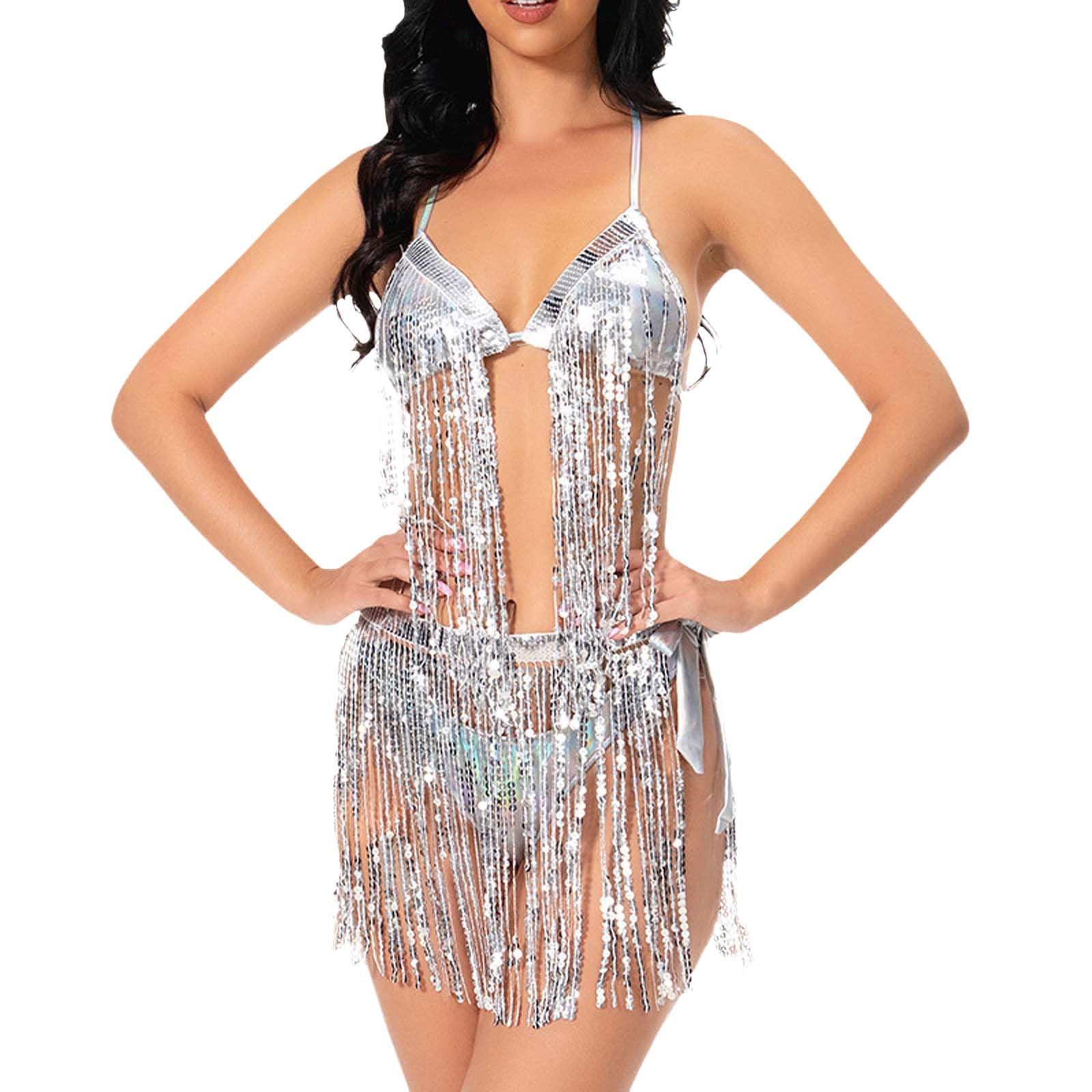 WELOIJEVBE Women's Belly Dance Sequin Bra Tassel Top with Fringe Skirt Sparkly Rave Outfits for ...