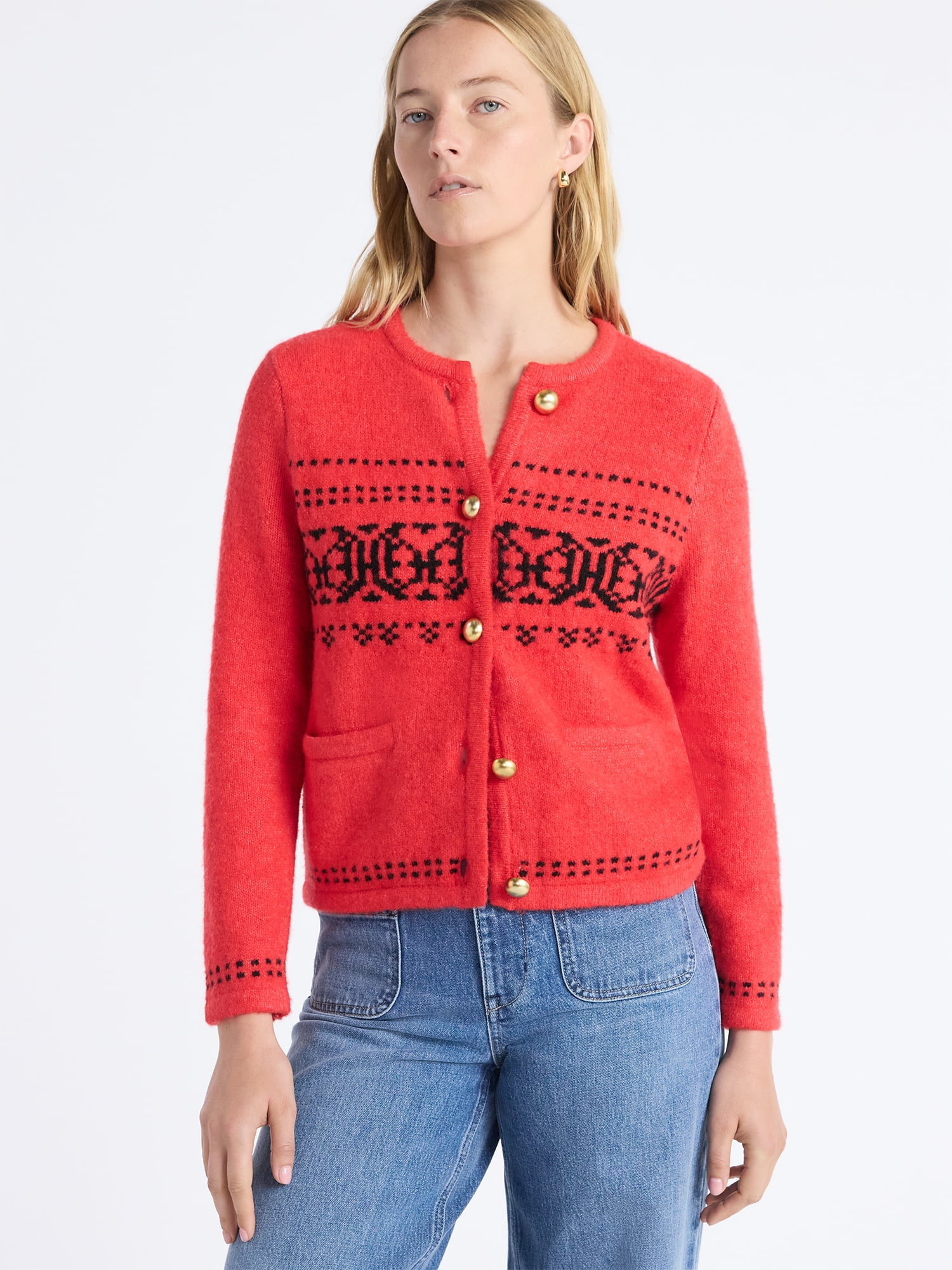 Free Assembly Women's and Women's Plus Fair Isle Cardigan with Welt ...