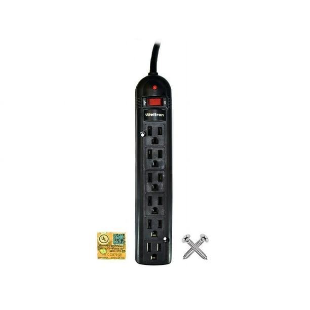 WELTRON 10ft Power Cord 6-Outlet Surge Protector Power Strip Black ...