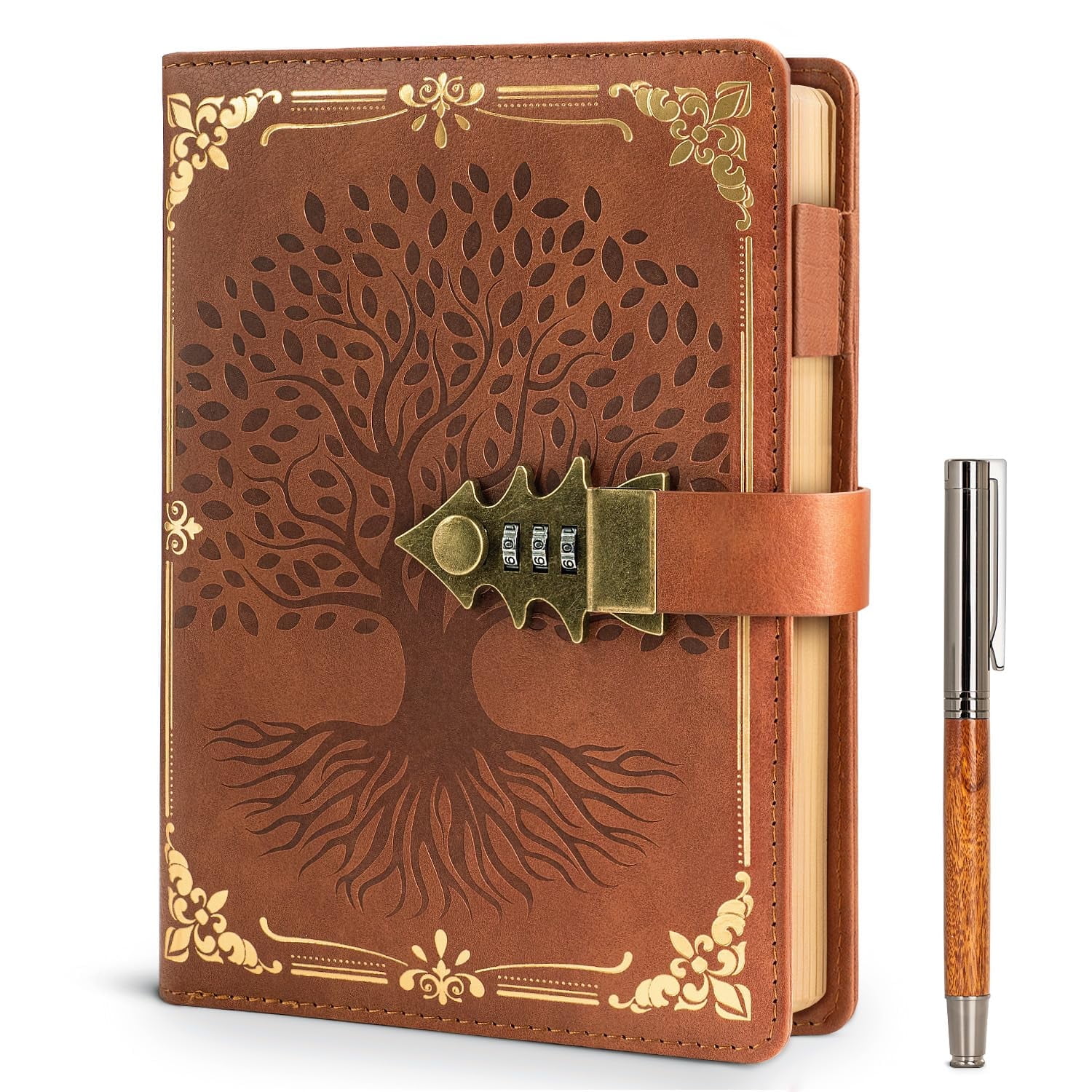 WEMATE A5 PU Leather Notebook, Password Protected Locking Diary, Brown ...