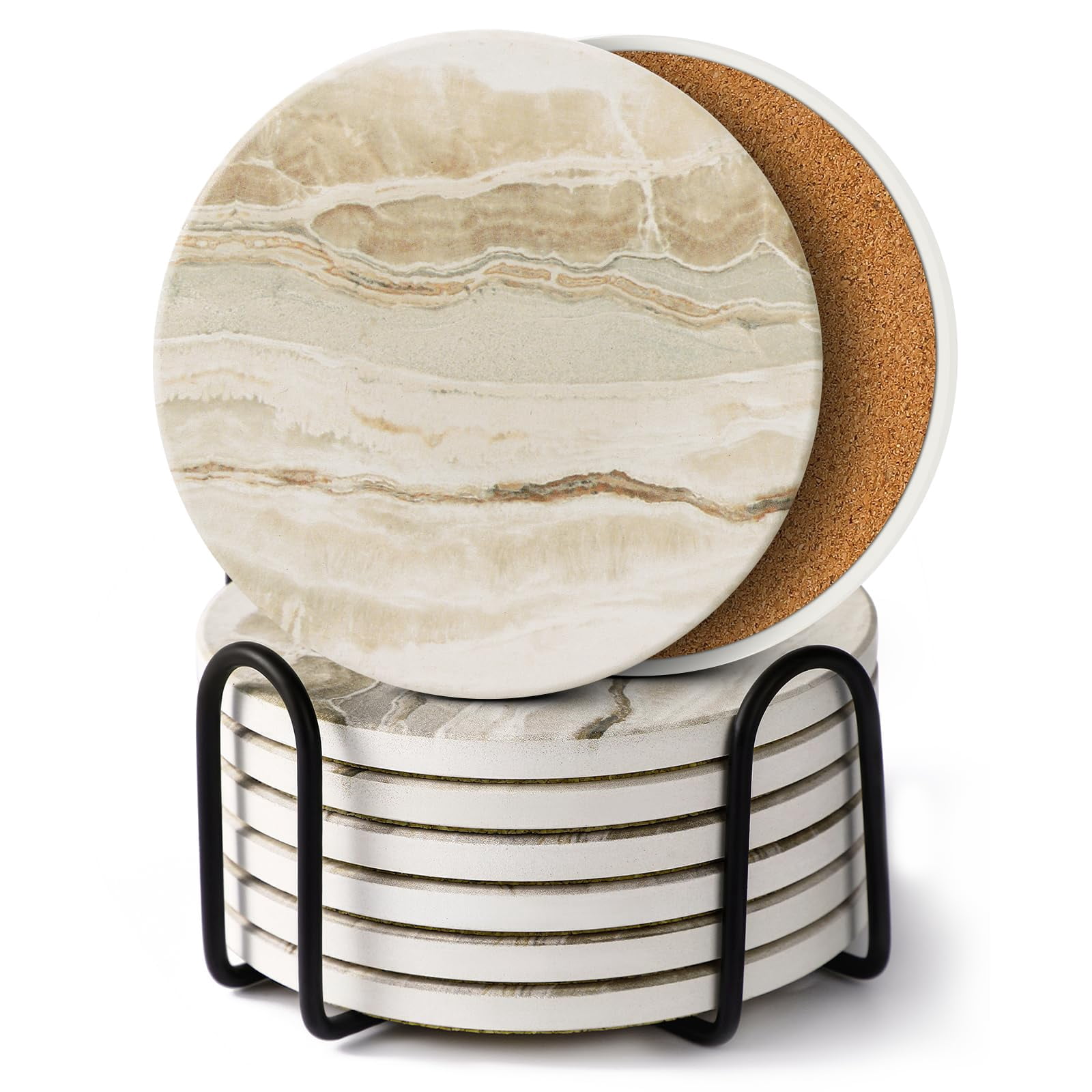 WEN Coaster set (6-piece set), black marble style ceramic beverage ...
