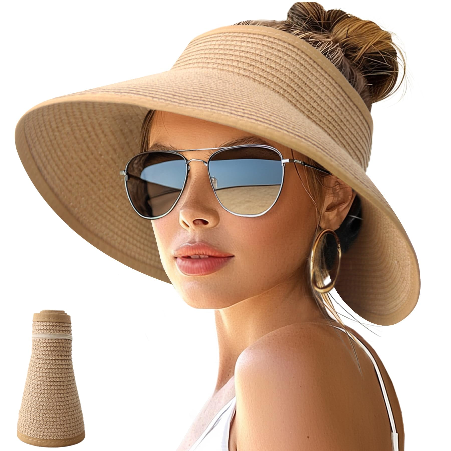 WEN Women's wide-edged roll-up beach ponytail hat, foldable, straw sun ...