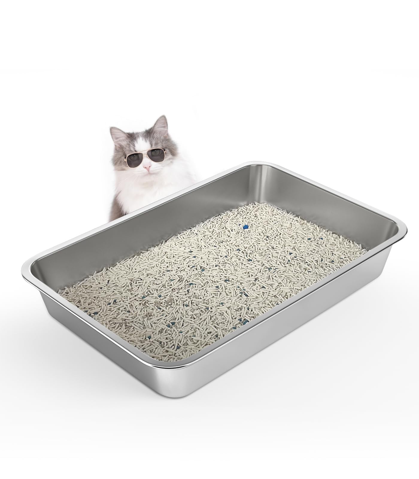 WENBOKMIN Stainless Steel Cat Litter Box, 4in Shallow Litter Box for ...