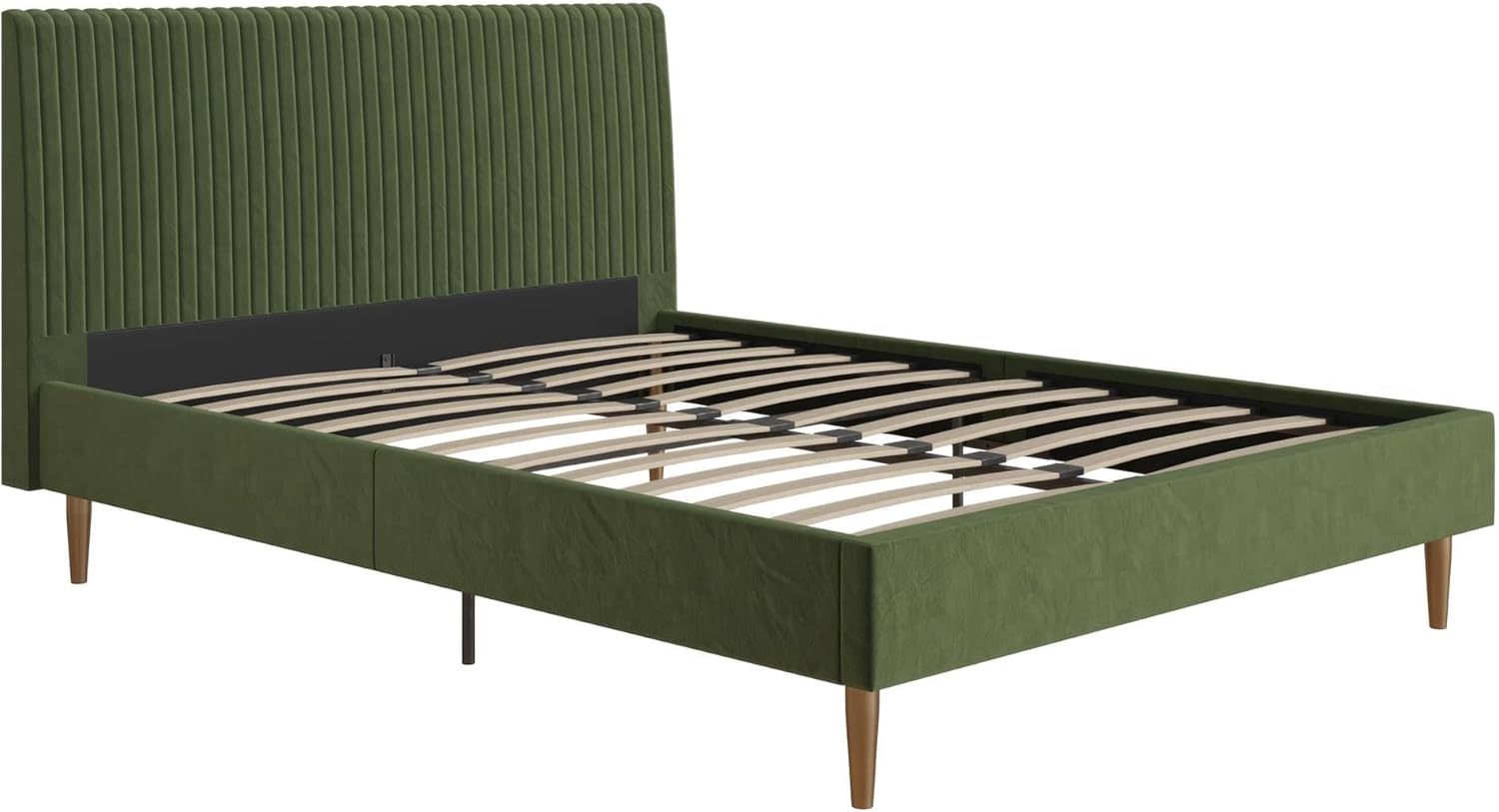 WENDOU Daphne Upholstered Bed with Vertical Channel Tufted Headboard, Queen, Olive Green Velvet ...