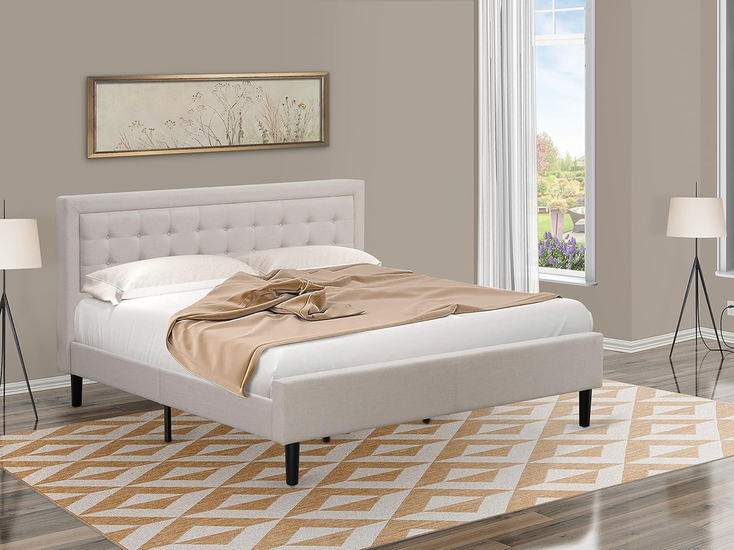 WENDOU FNF-08-K Platform King Size Bed - Mist Beige Linen Fabric ...