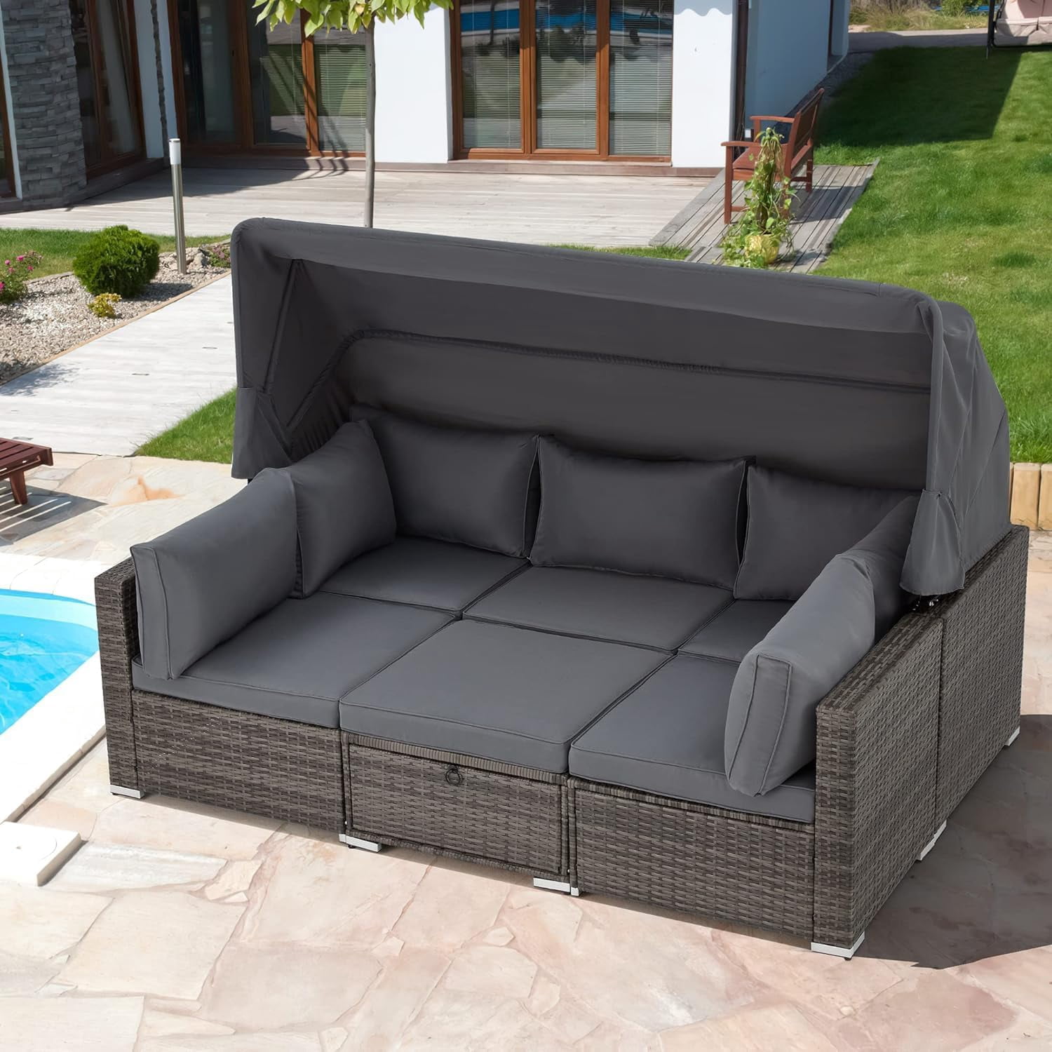 WENFA 6 Pieces Patio Furniture Sets, Rattan Outdoor Daybed with ...