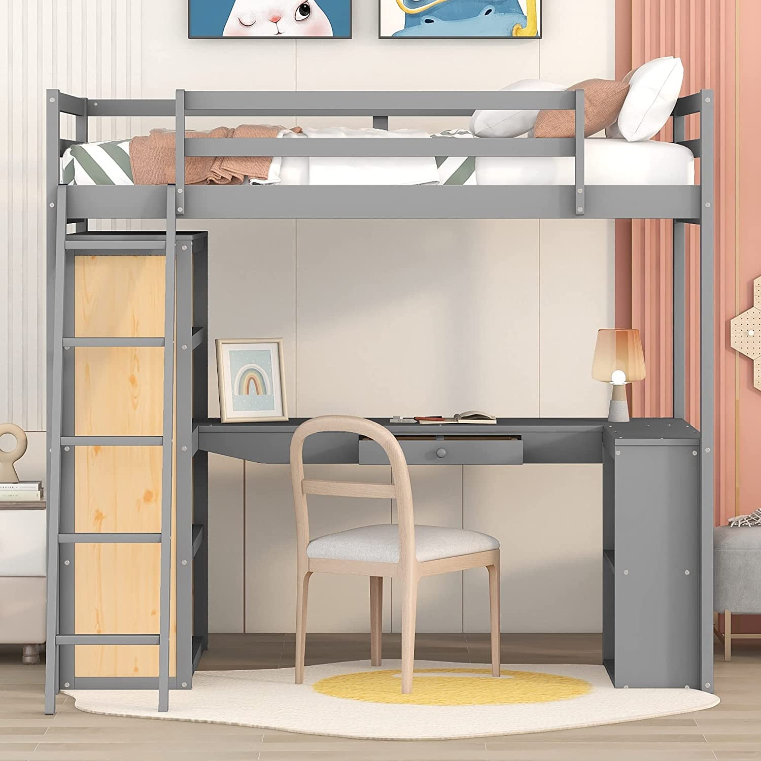 WENFA Twin Size Loft Bed with L Shaped Desk and Shelves, Solid Wood ...