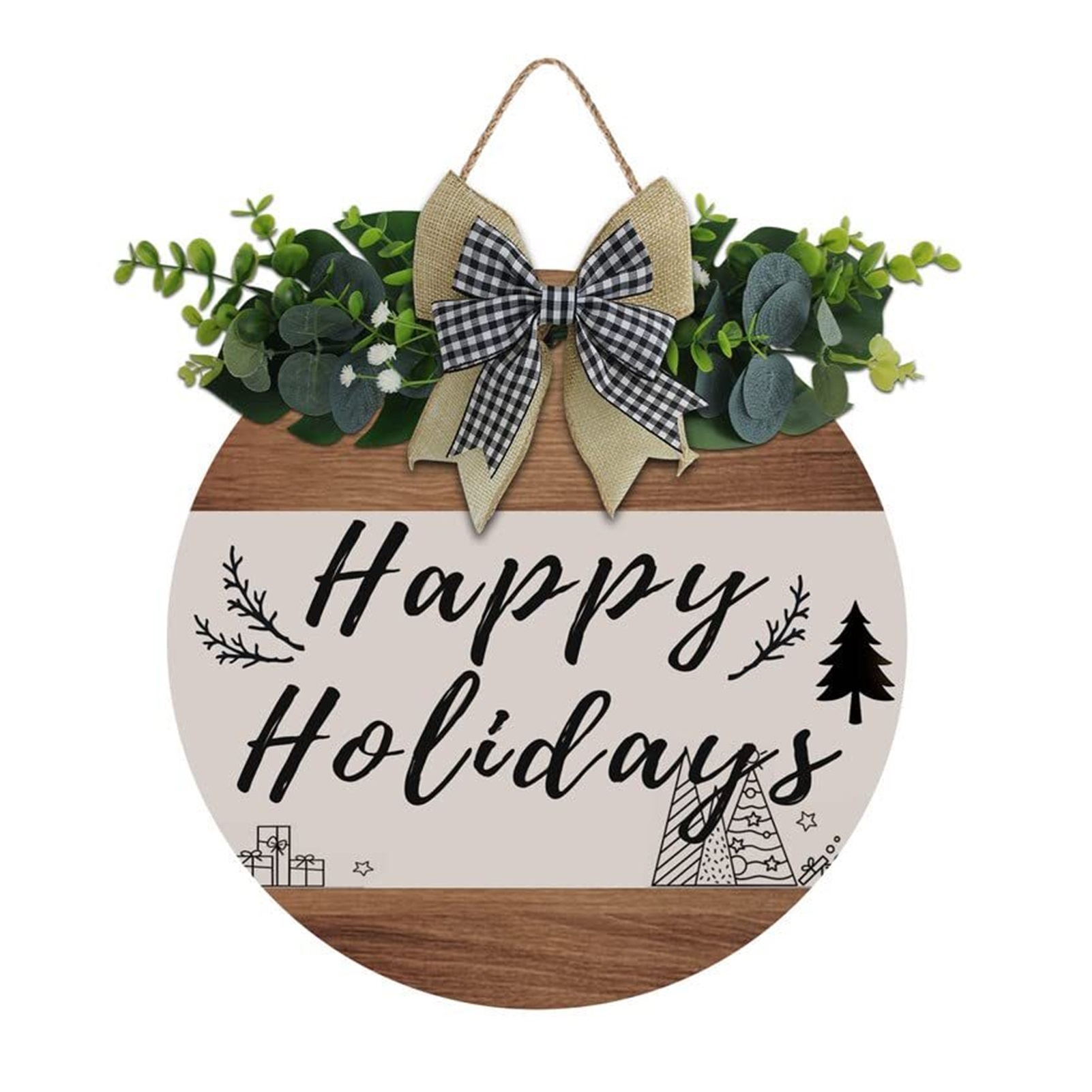 WENHAO Happy Holidays Door Wreath Sign Christmas Ornament Buffalo Plaid ...