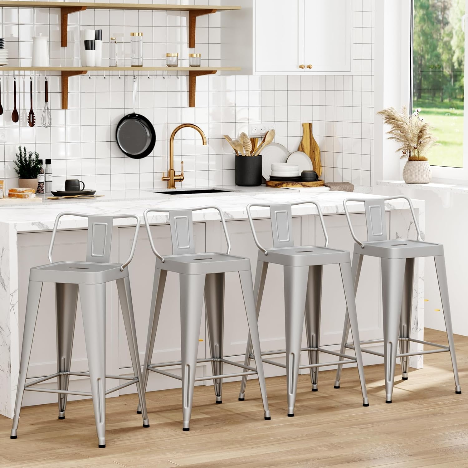 WENTMENT Metal Bar Stools Set of 4 Silver Barstools with Removable Back ...