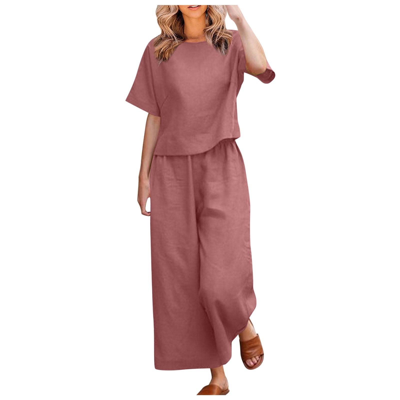 WENWU Women 2 Piece Linen Outfit Sets Short Sleeve Shirt Wide Leg ...