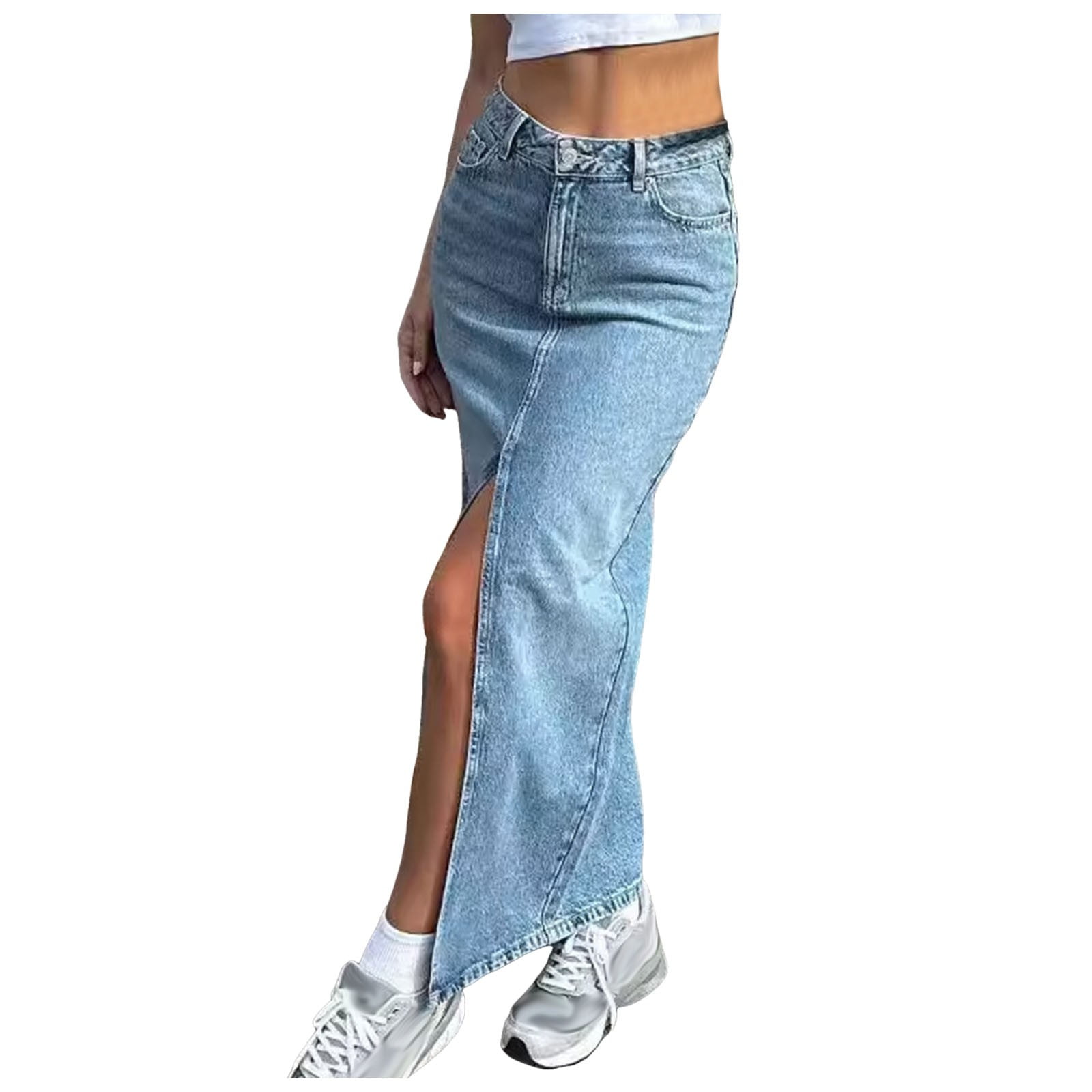 WENWU Women's Long Denim Maxi Skirts High Waisted Hem Western Split ...