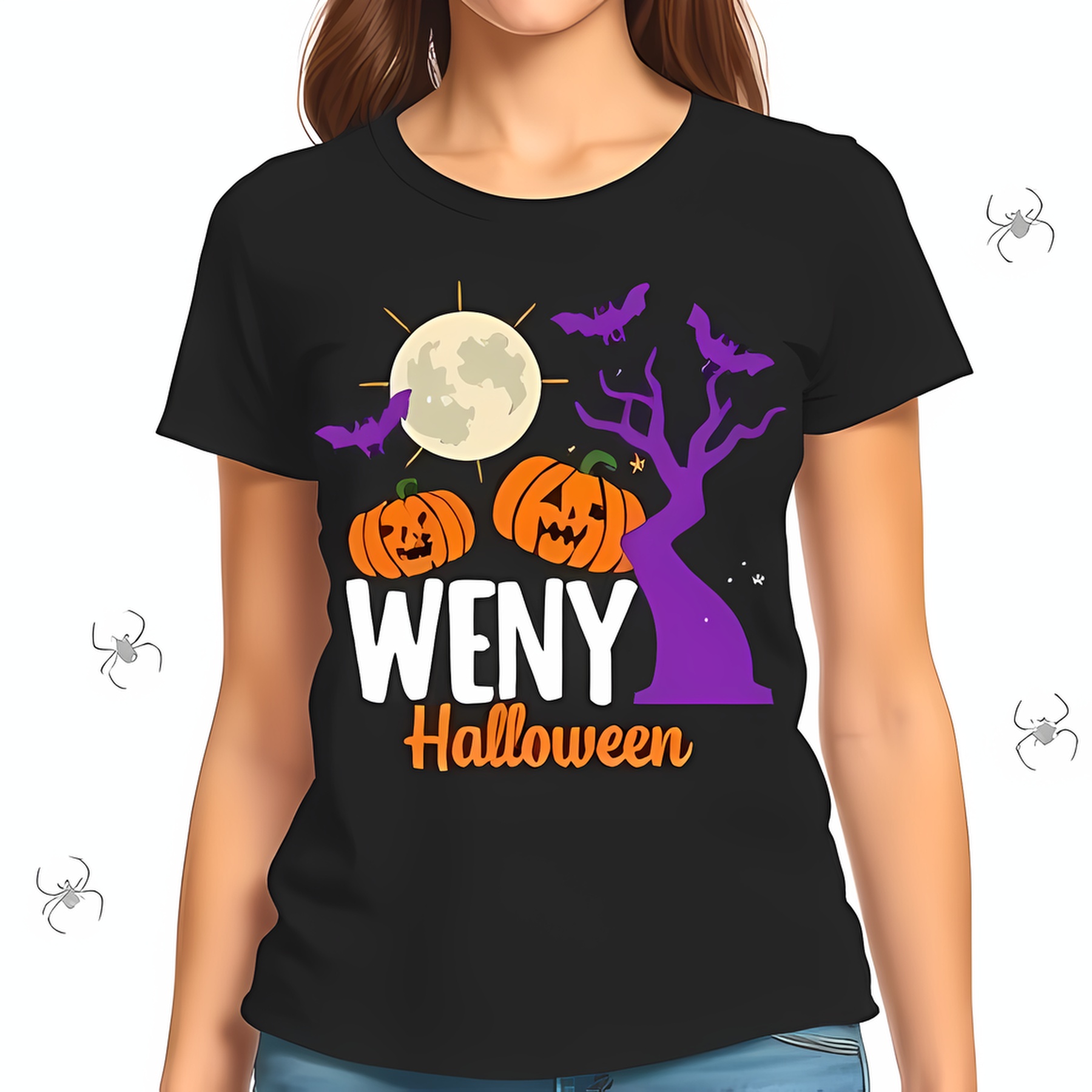 WENY Halloween Graphic T-Shirt for Women Black Tee with Lanterns Purple ...