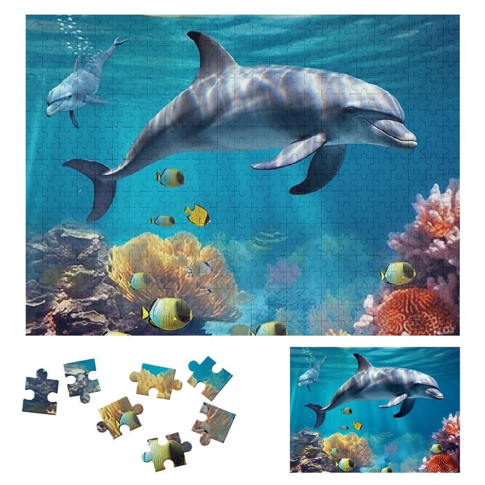 WENZZ Dolphins Fish Coral Reef Wooden Puzzle Challenging Difficult Wood Puzzles for Adults 500 ...