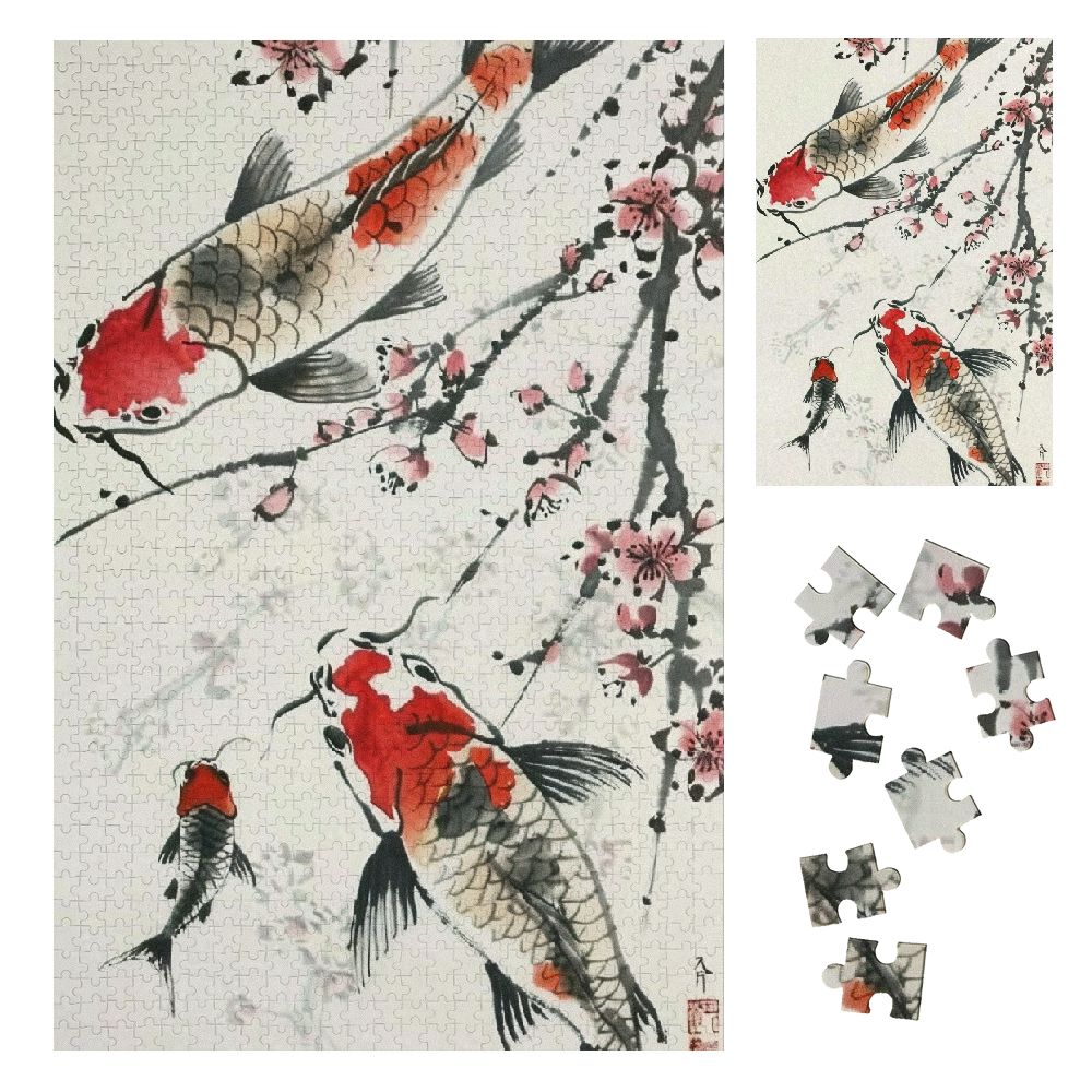 WENZZ Koi Fish Cherry Blossoms Wooden Jigsaw Puzzle Vertical Style Eco ...