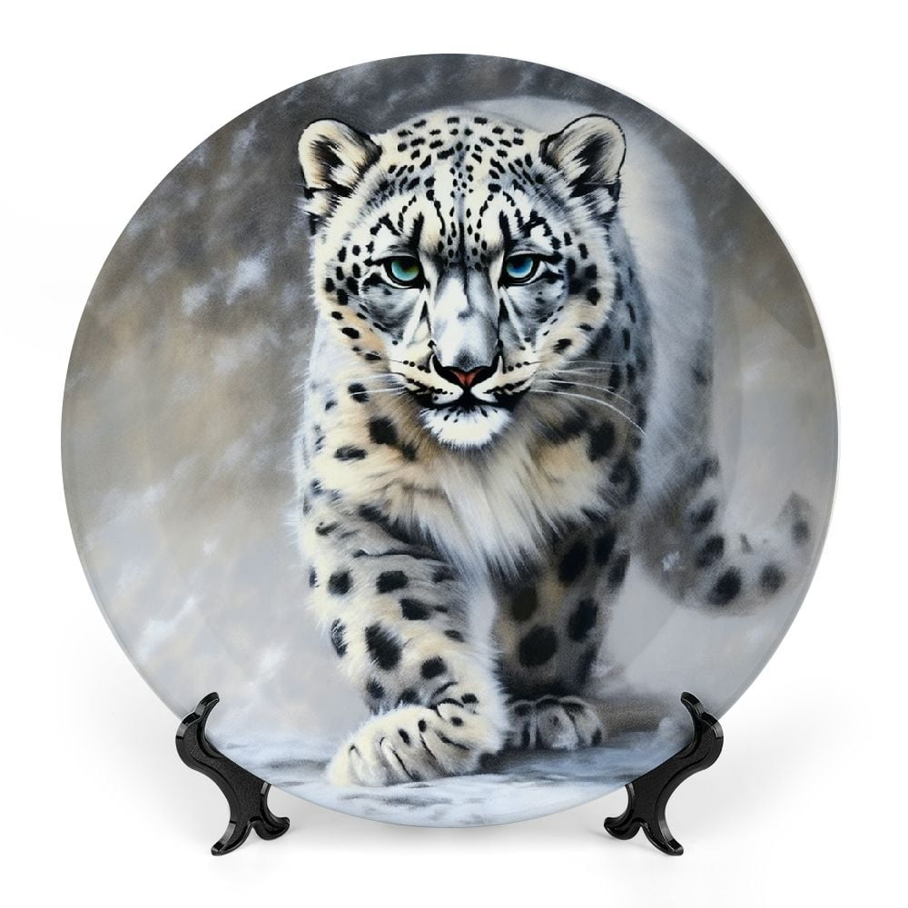 WENZZ Snow Leopard Bone China Decorative Plate Vertical Stand for Home ...