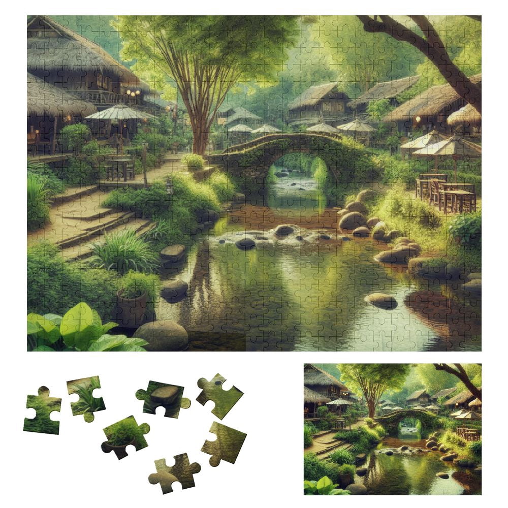 WENZZ Village Scene Stone Bridge Thatched Roofs Wooden Jigsaw Puzzle ...