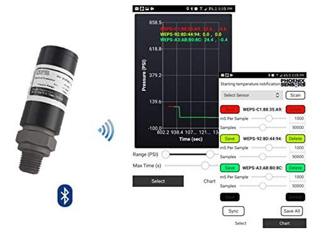 WEPS04 Wireless Bluetooth Pressure Sensor Transducer, 1/4”NPT, 100PSI ...