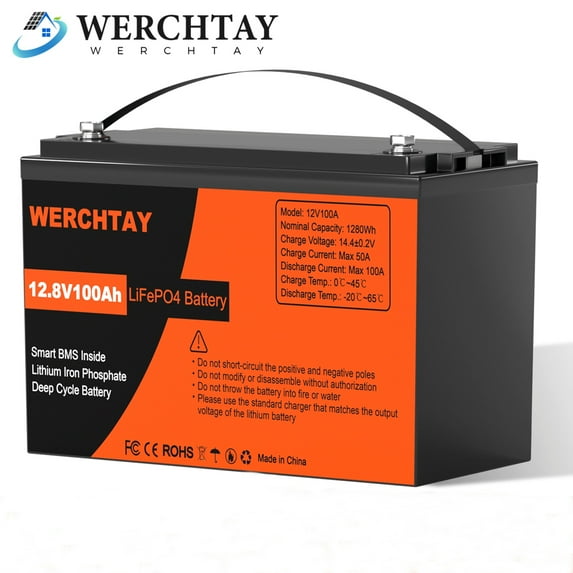 WERCHTAY 12V 100Ah LiFePO4 Battery, Lithium Battery Built-in 200A BMS ...