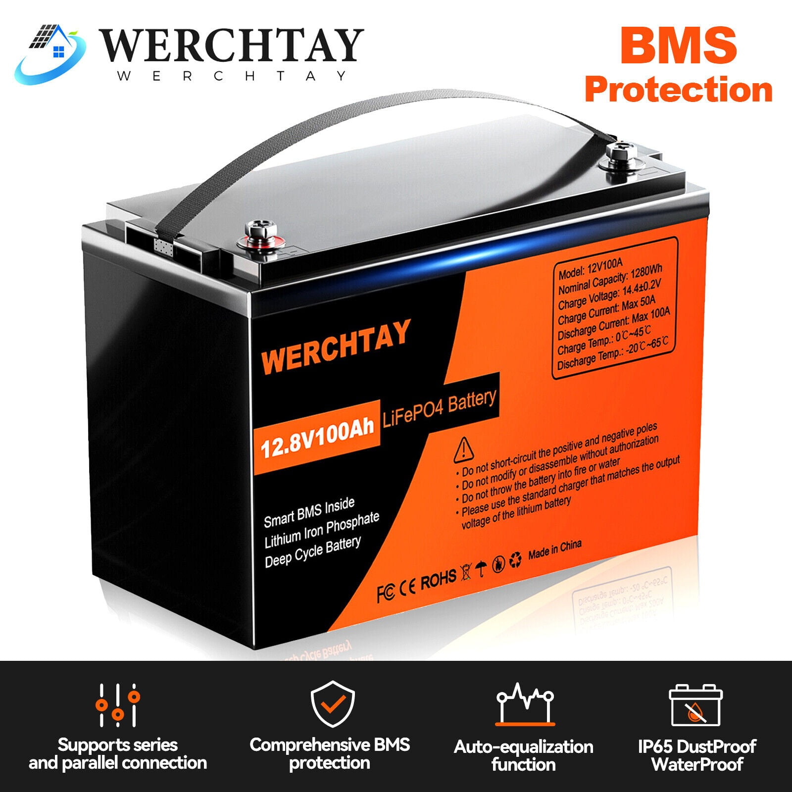 WERCHTAY 12V 100Ah Lithium LiFePO4 Battery 1280Wh 4000-15000 Cycles for ...
