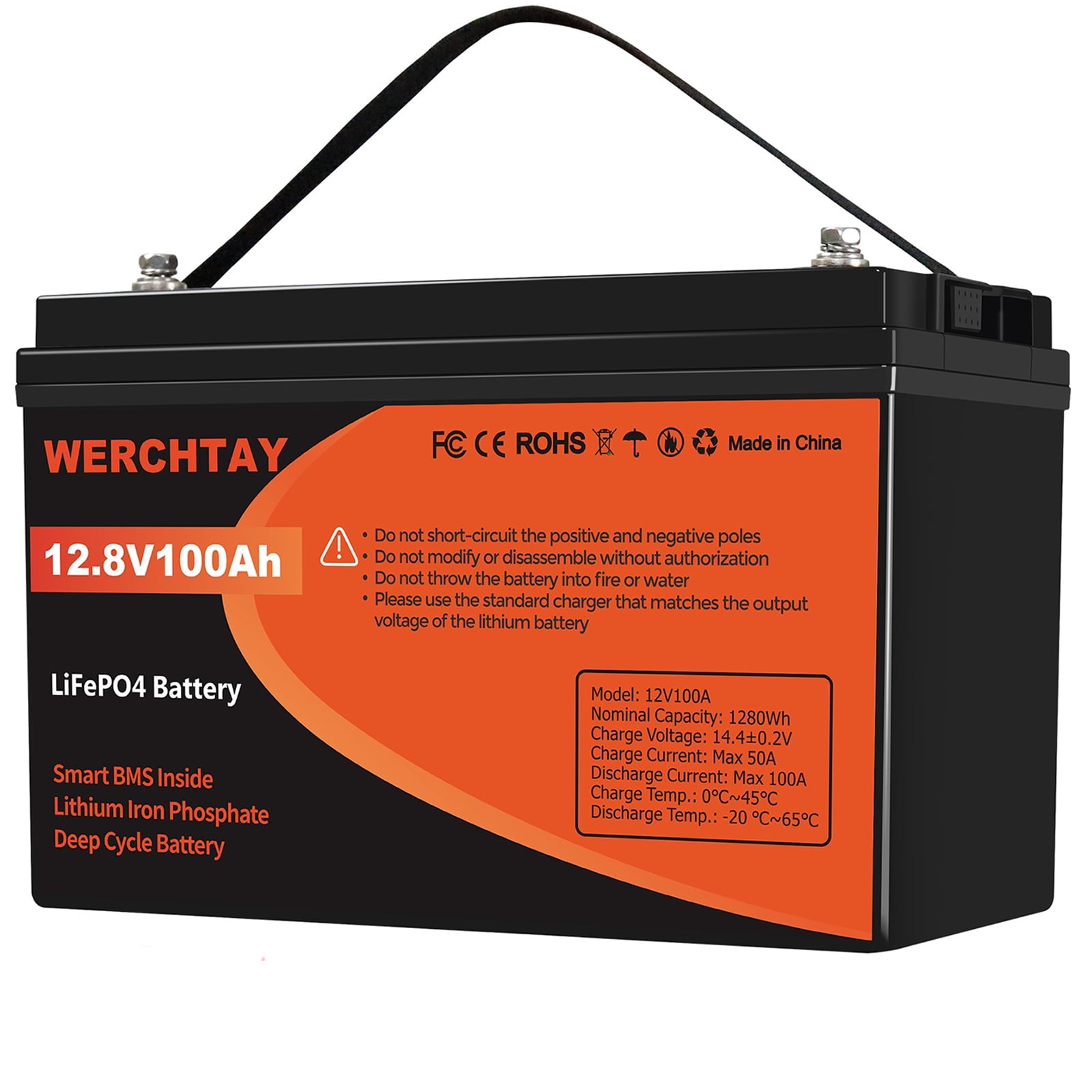 WERCHTAY 12V 100Ah Lithium LiFePO4 Battery 1280Wh 4000-15000 Cycles for ...