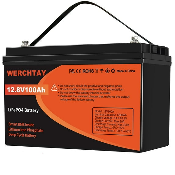 WERCHTAY 12V 100Ah Lithium LiFePO4 Battery 1280Wh 4000-15000 Cycles for ...
