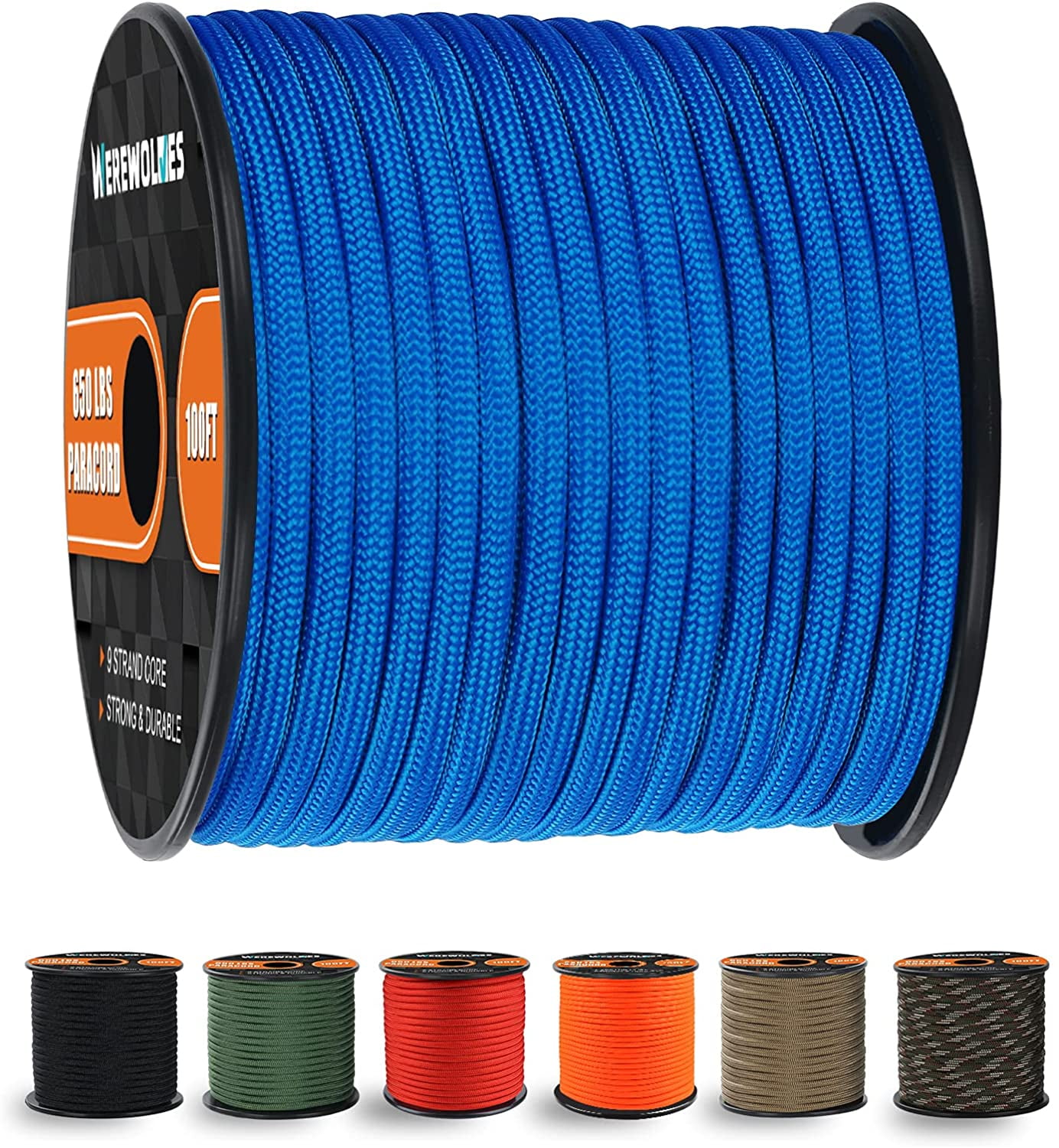 WEREWOLVES 650lb Paracord, 9 Strand Parachute Cord, 100ft Spools, Type ...