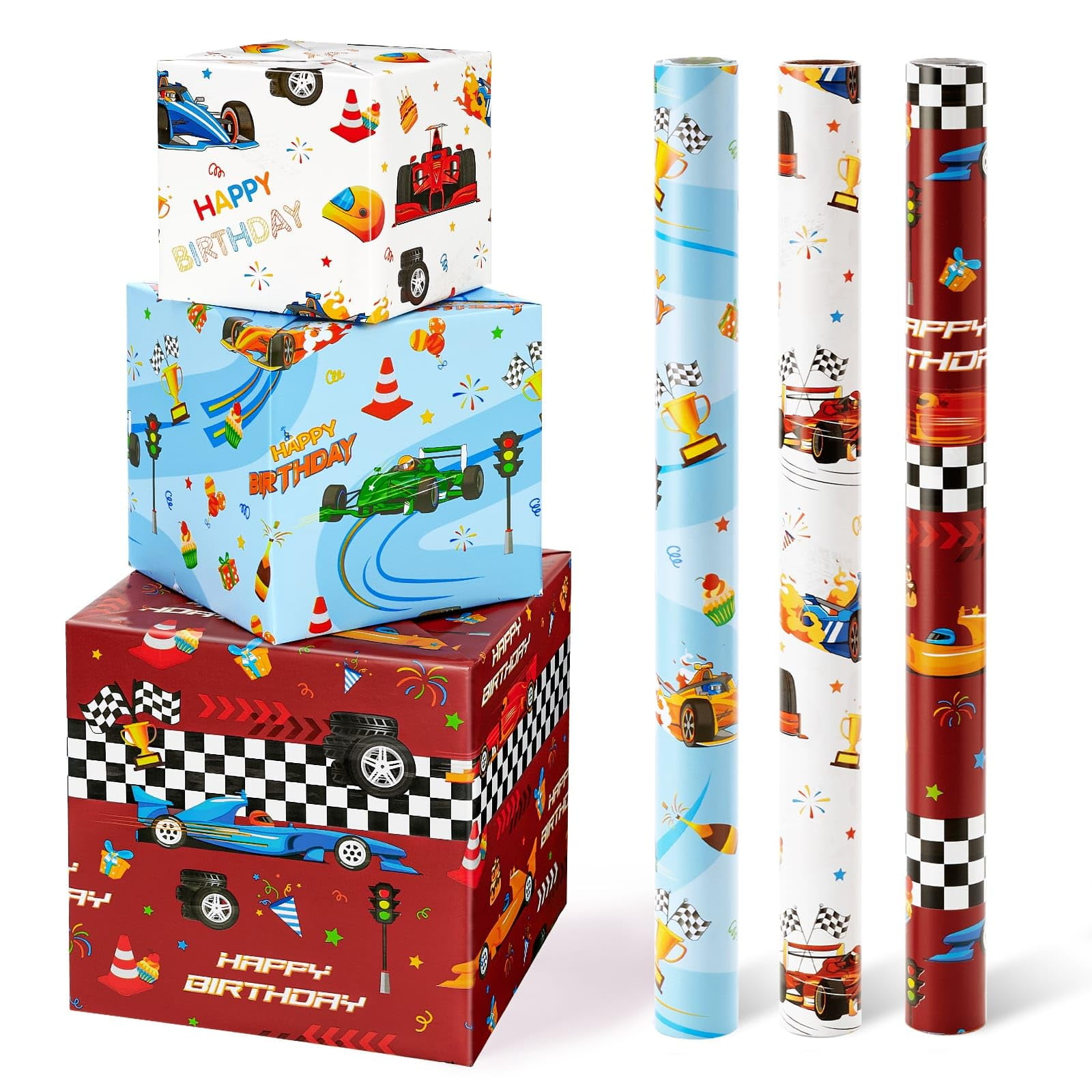 WERNNSAI Race Car Wrapping Paper - 3 Short Birthday Wrapping Paper ...