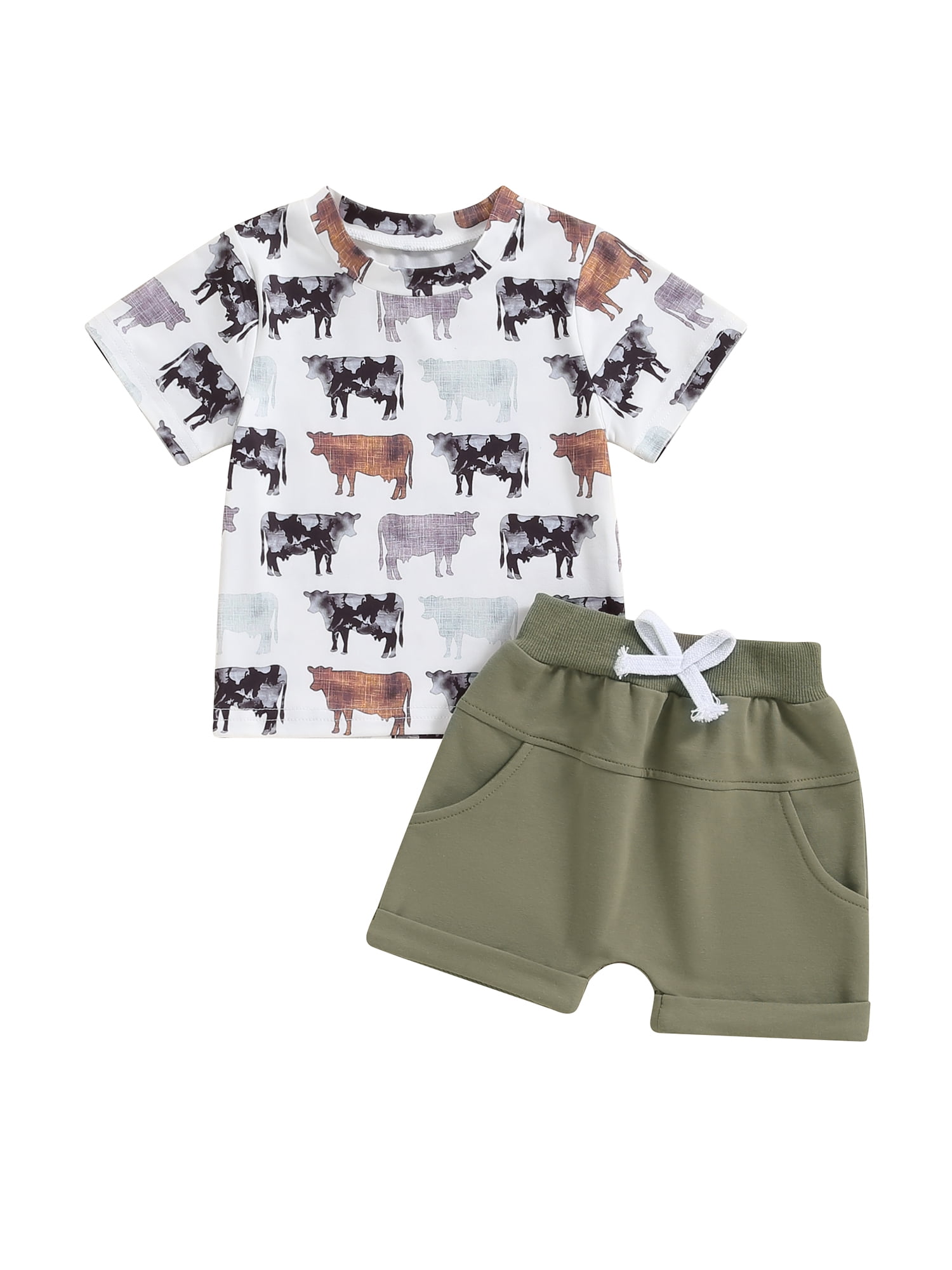 WERNZATT 2Pcs Baby Boy Western Clothes Short Sleeve Cow Print Tops + Rolled Shorts Set Toddler ...