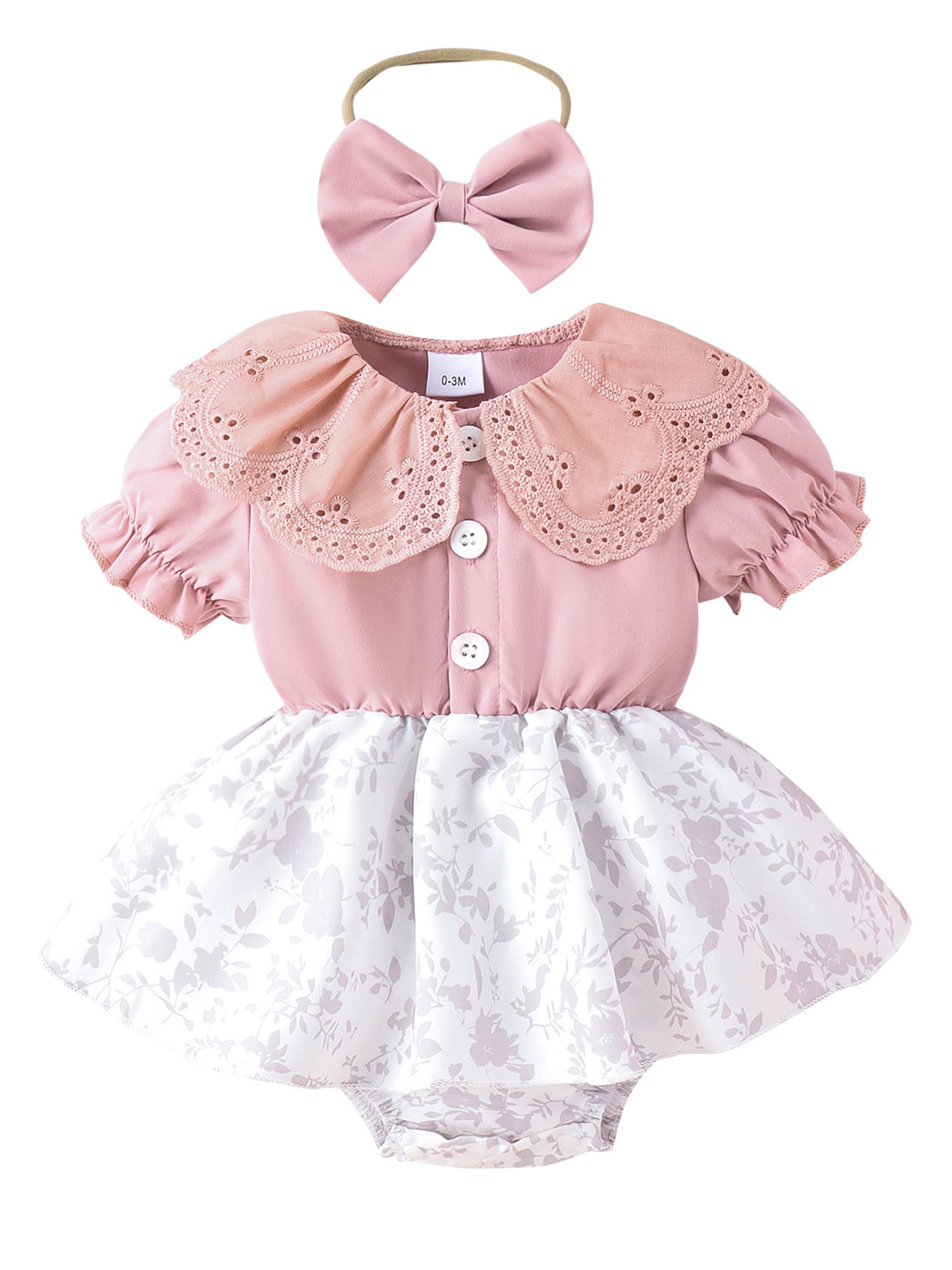WERNZATT Baby Girl 2 Piece Outfits Floral Short Sleeve Buttons Romper Dress with Cute Headband ...