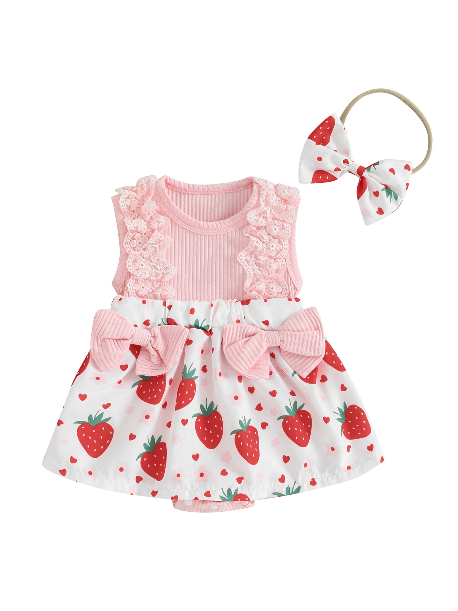 WERNZATT Baby Girl 2 Piece Outfits Fruit Floral Print Lace Ruffles Ribbed Romper Dress and ...