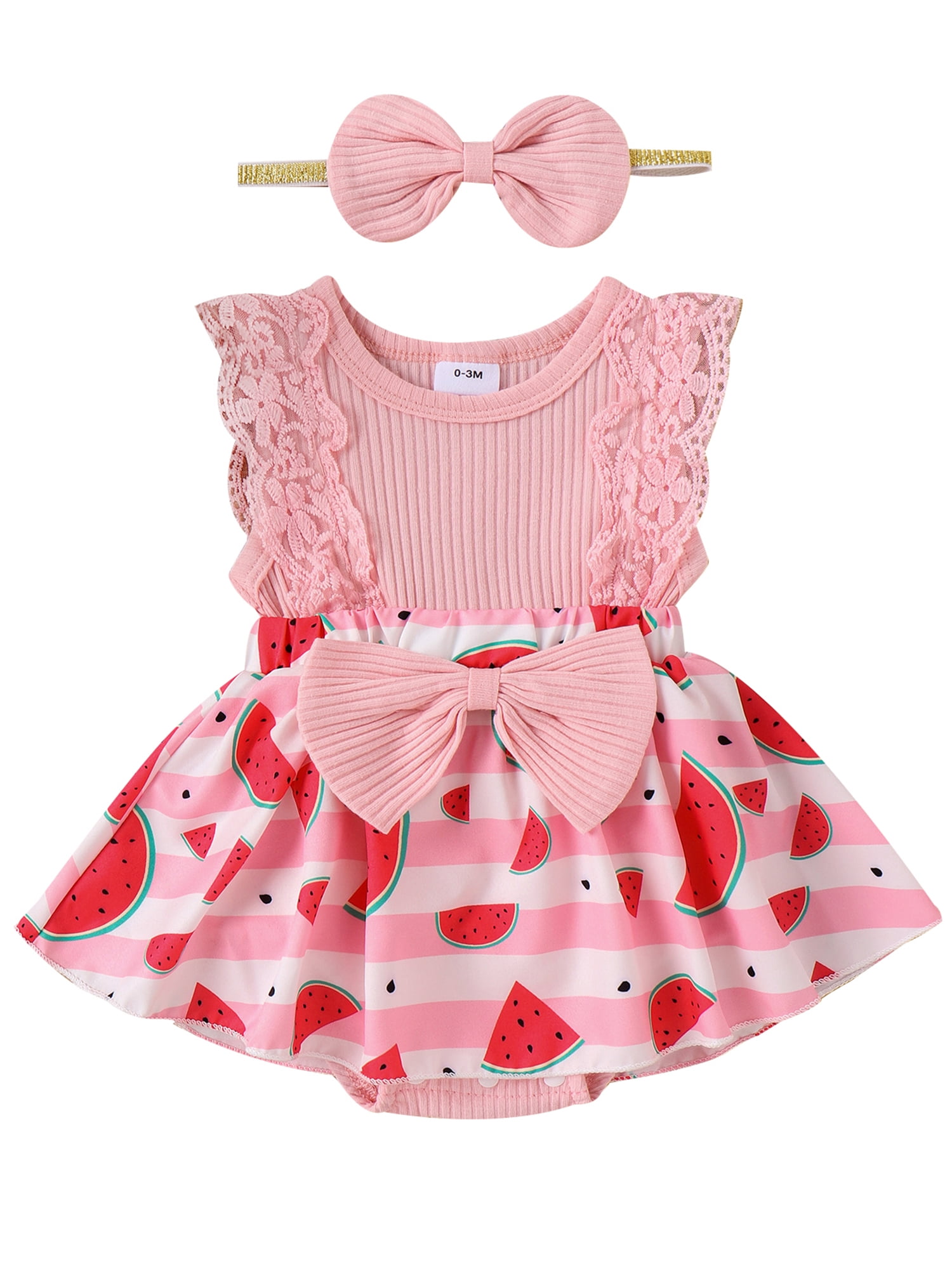 WERNZATT Baby Girl 2 Piece Outfits Fruit Floral Print Lace Ruffles Ribbed Romper Dress and ...