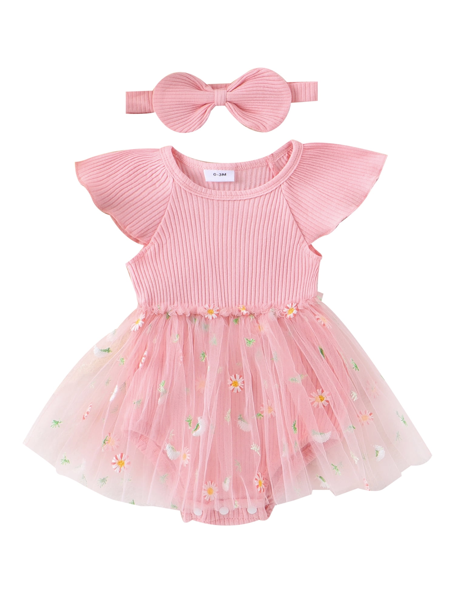 WERNZATT Baby Girl 2Pcs Summer Outfits Short Sleeve Crew Neck Ribbed Romper Tulle Dress with ...