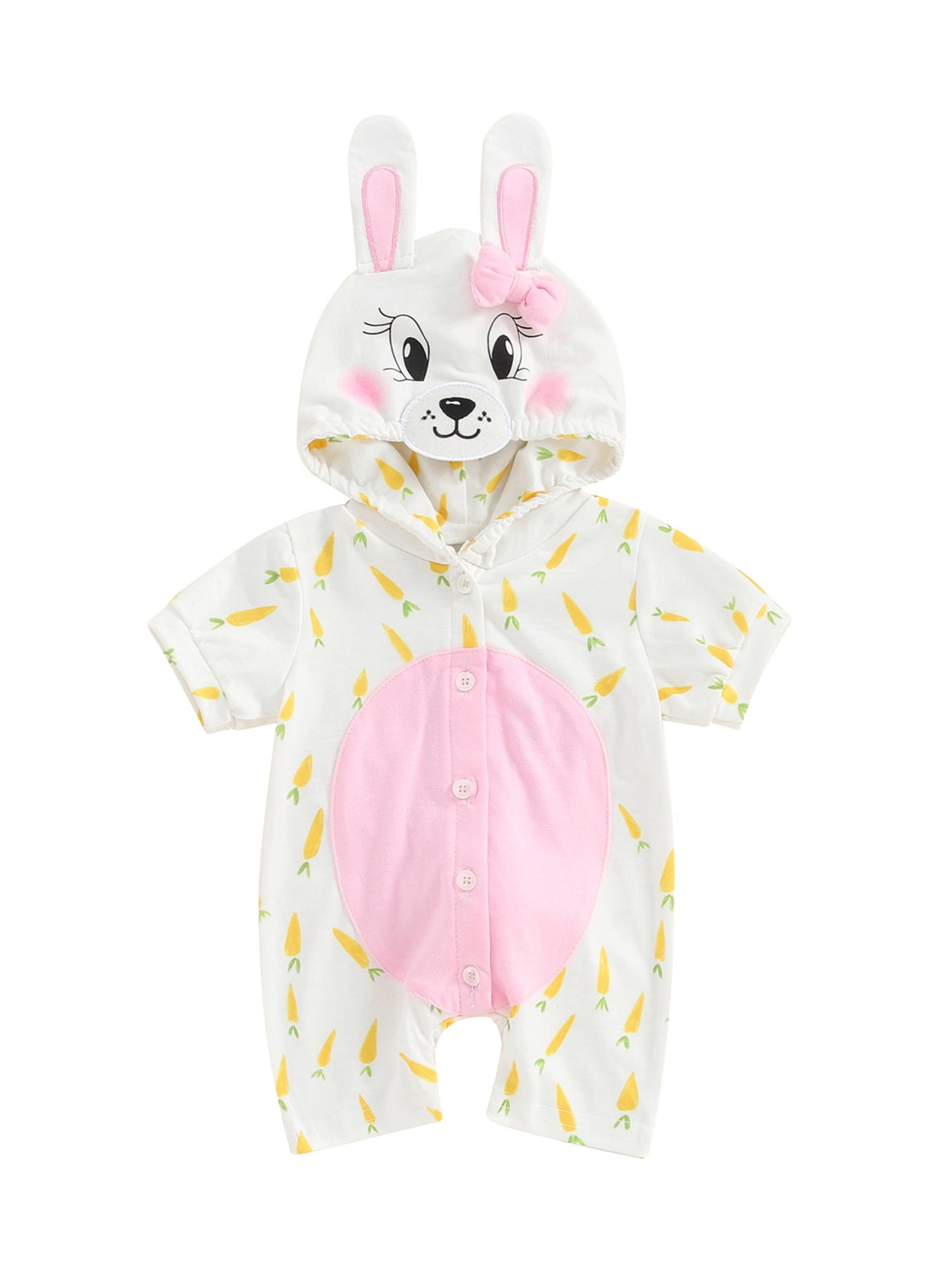 WERNZATT Baby Girl Bunny Romper Short Sleeve Carrot Print Hooded Jumpsuit Newborn Easter Outfit ...