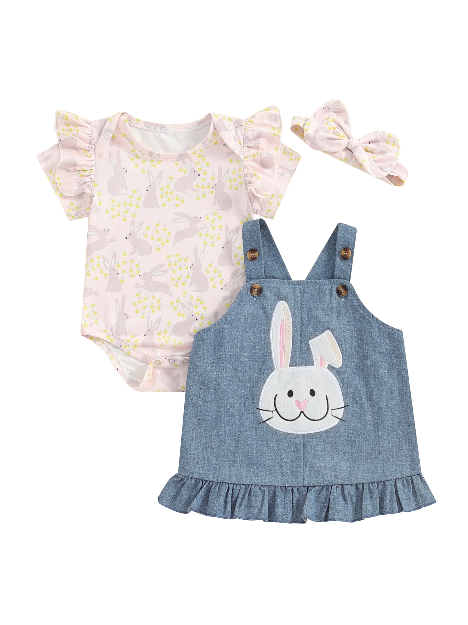 WERNZATT Baby Girl Easter 3Pcs Outfit Bunny Print Short Sleeve Romper ...