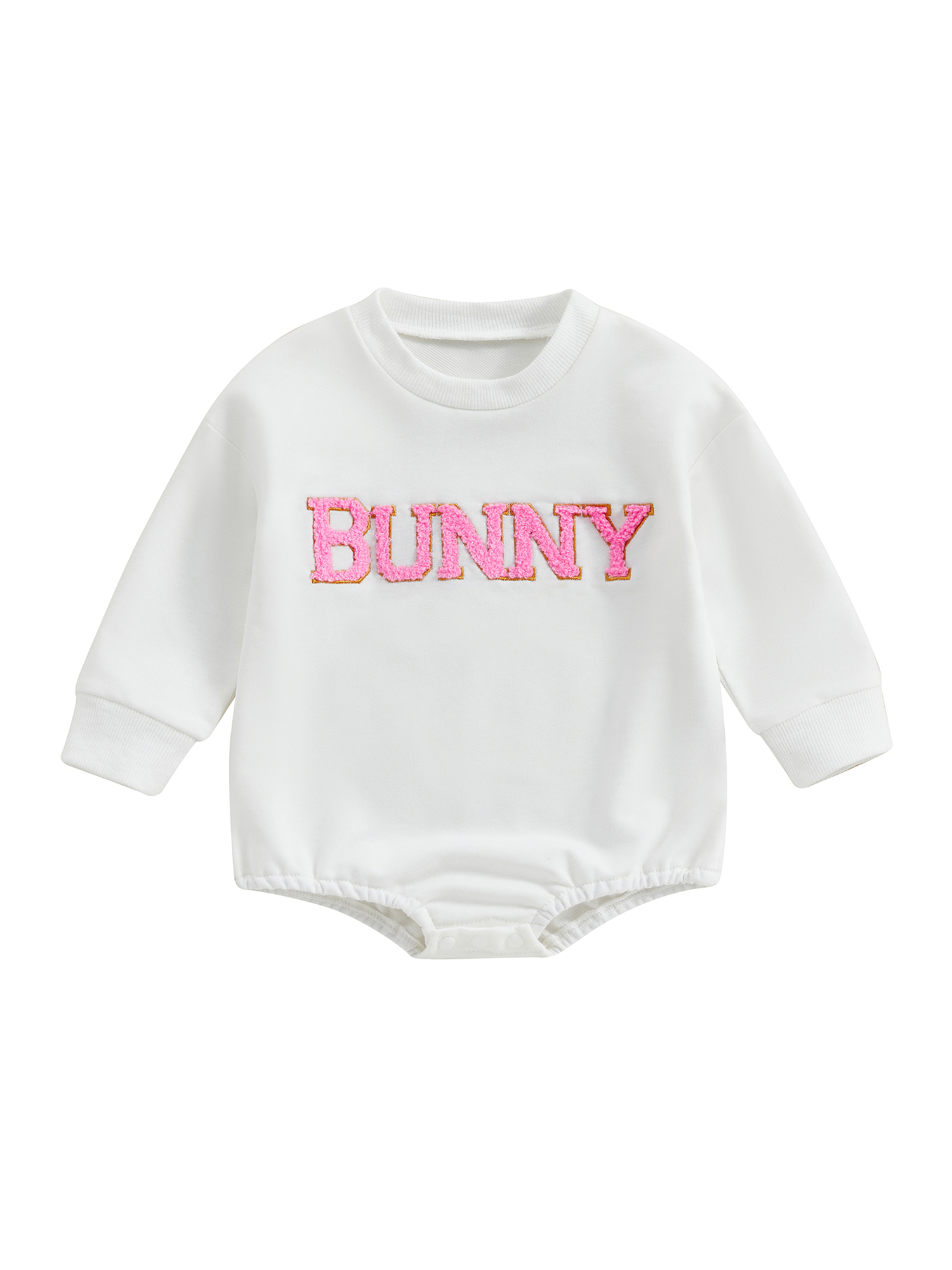 WERNZATT Baby Girl Easter Romper Fuzzy Letter Bunny Embroidery Long Sleeve Round Neck Bodysuit ...