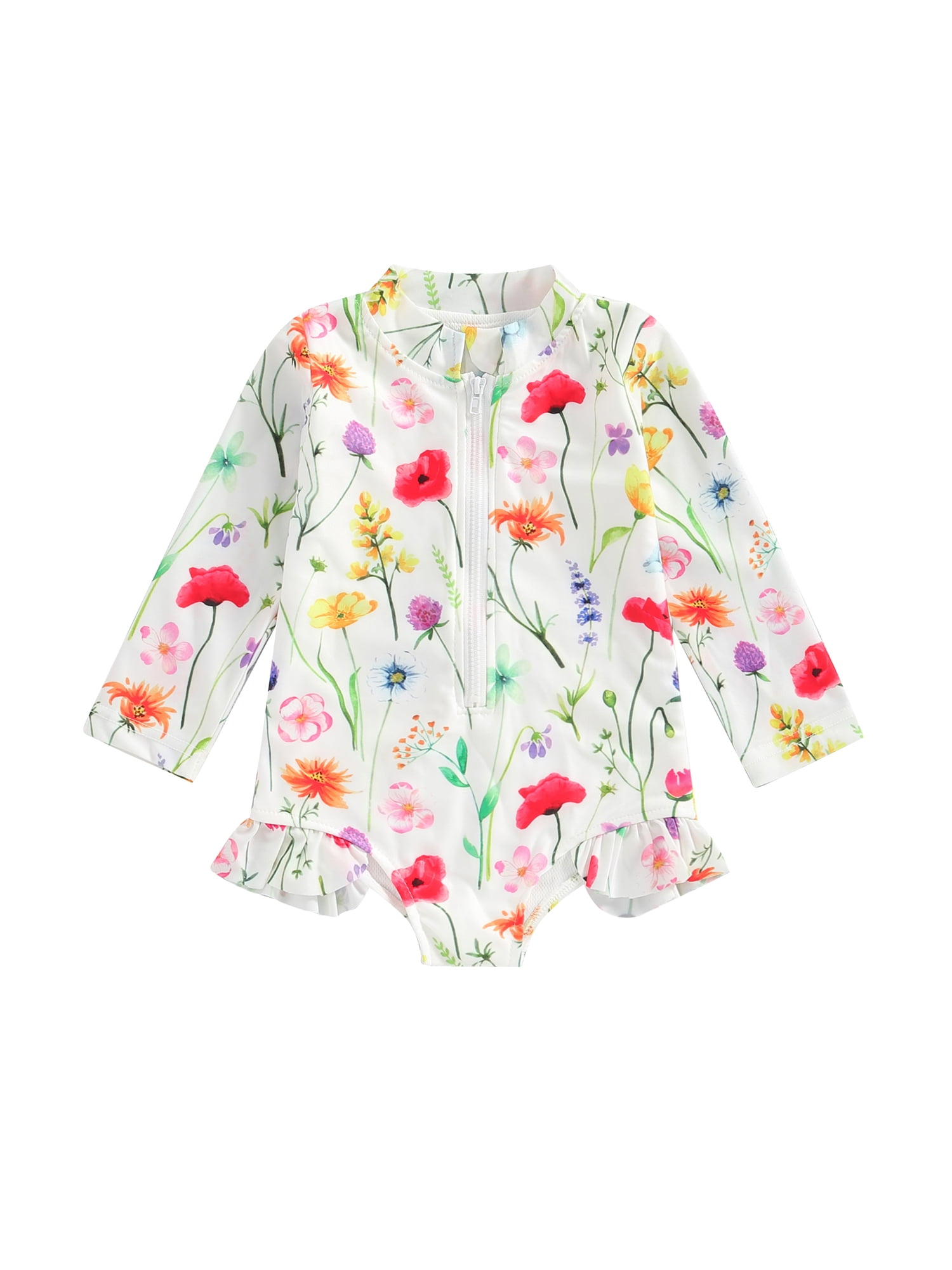 WERNZATT Baby Girl Floral Print Rash Guard Swimsuits Summer Zipper Long ...