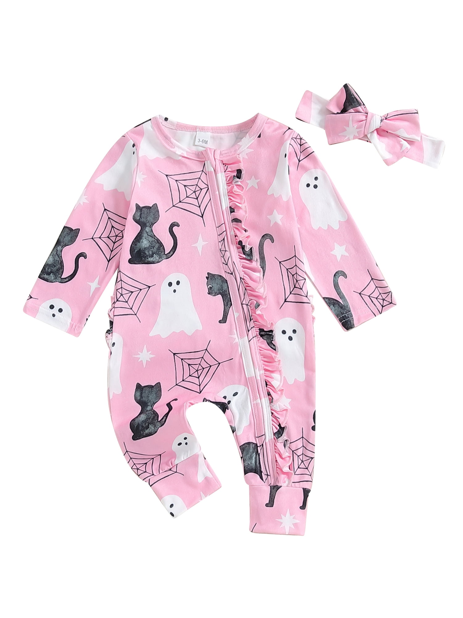 WERNZATT Baby Girl Halloween Bodysuits Ghost Cobweb Zip Up Fall Romper ...