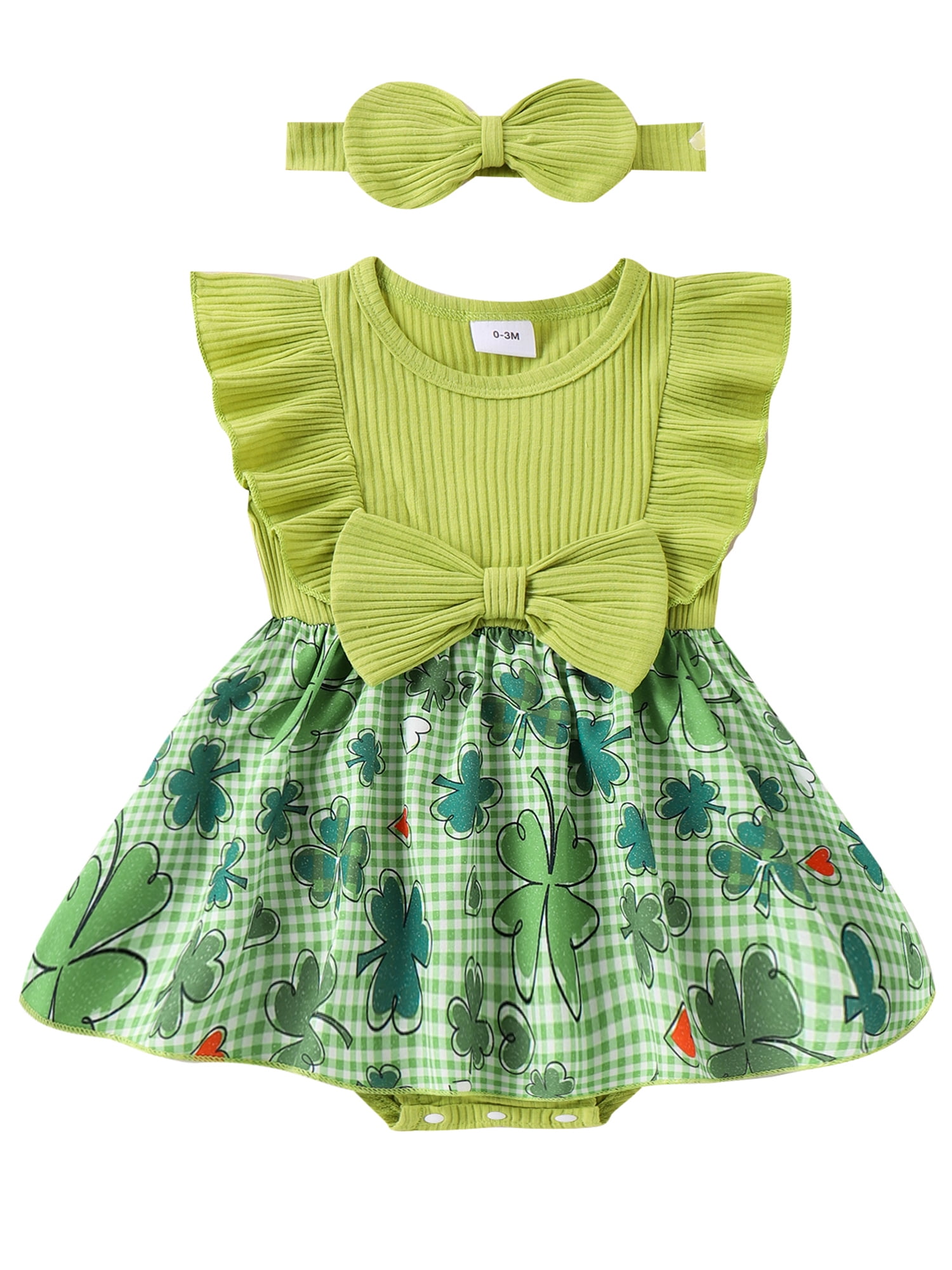 WERNZATT Baby Girl Irish Day Outfits Clover Print Ribbed Romper Dress and Headband Set Cute ...