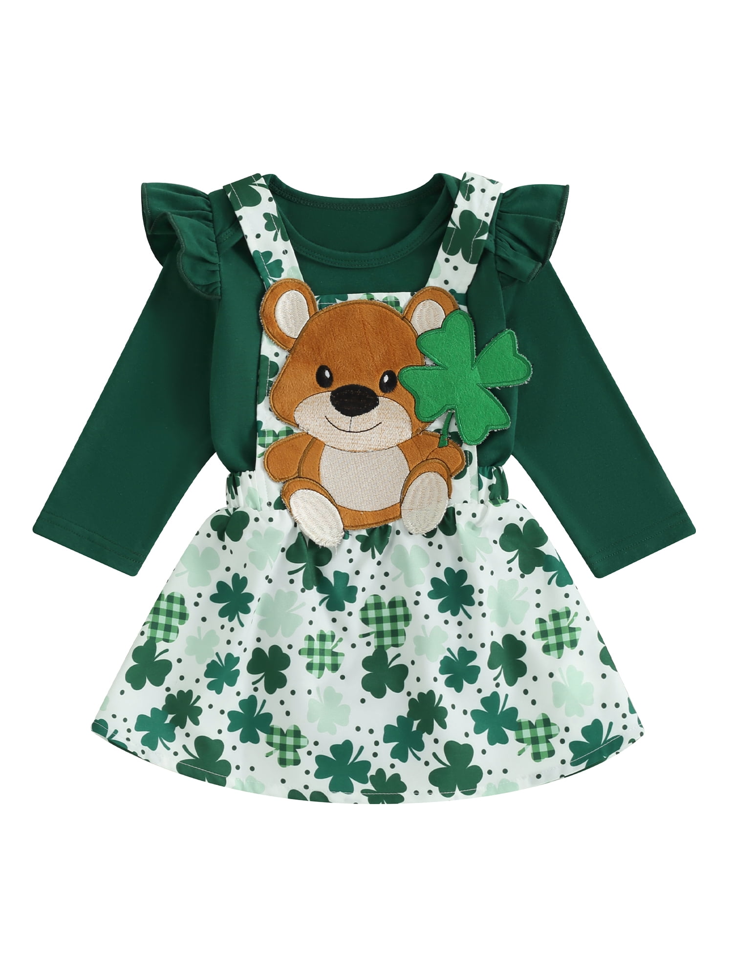 WERNZATT Baby Girl Irish Outfits Long Sleeve Round Neck Romper + Bear Patch Clover Print ...
