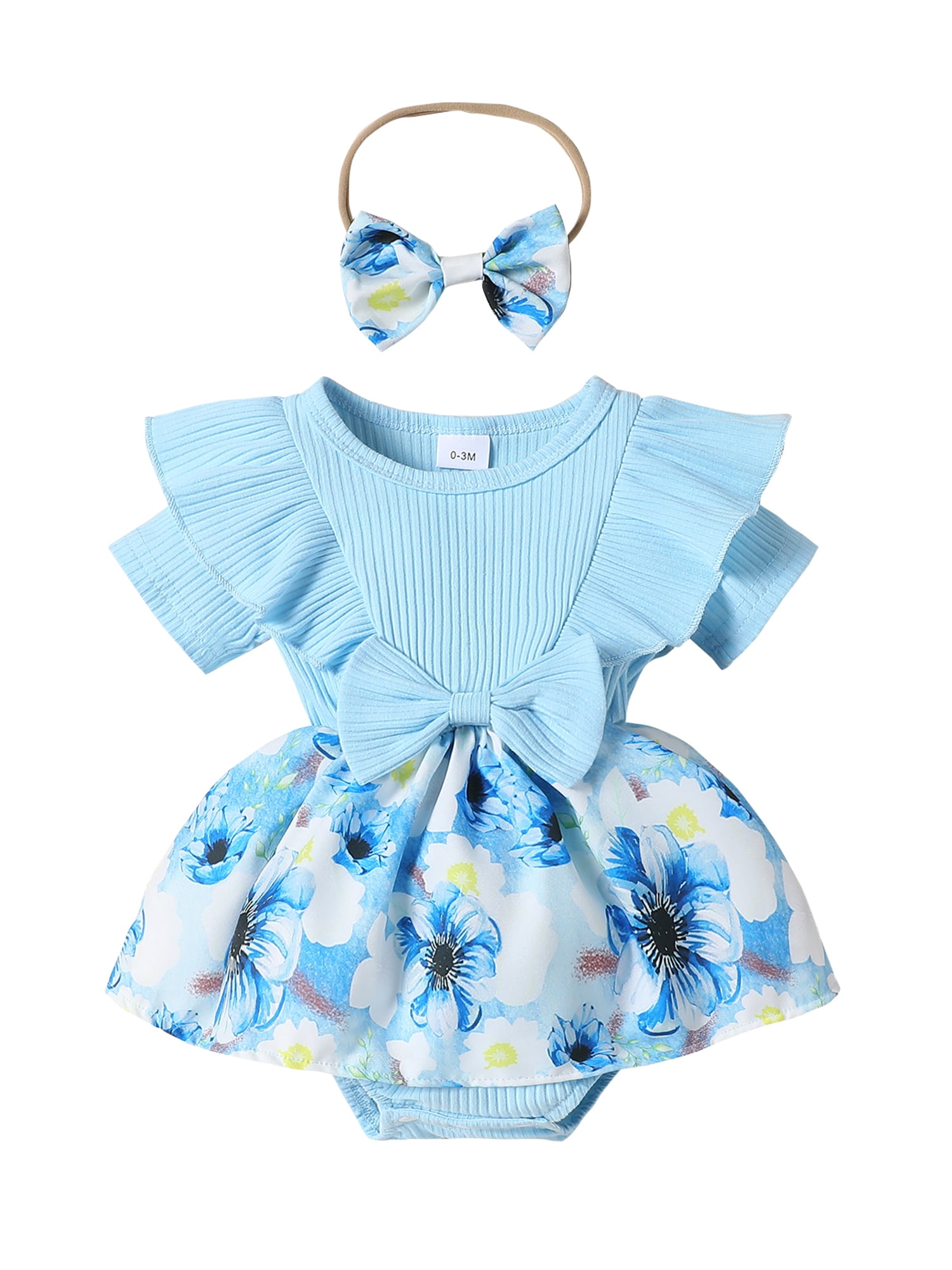 WERNZATT Baby Girl Summer 2 Piece Outfits Floral Short Sleeve Ribbed Romper Dress with Cute ...