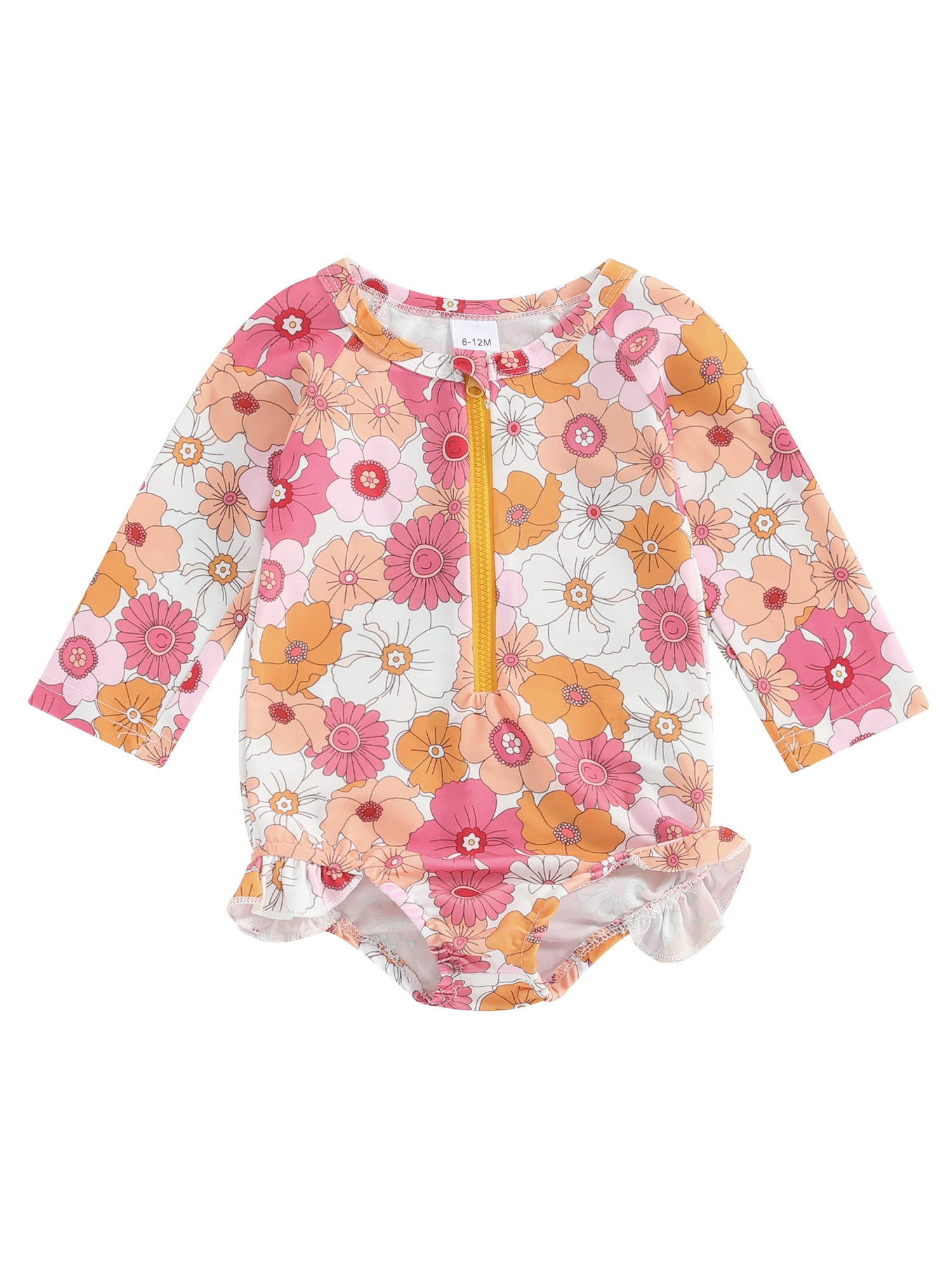 WERNZATT Baby Girl Summer One Piece Rash Guard Swimsuit Cute Floral Print Long Sleeve Zip Up ...