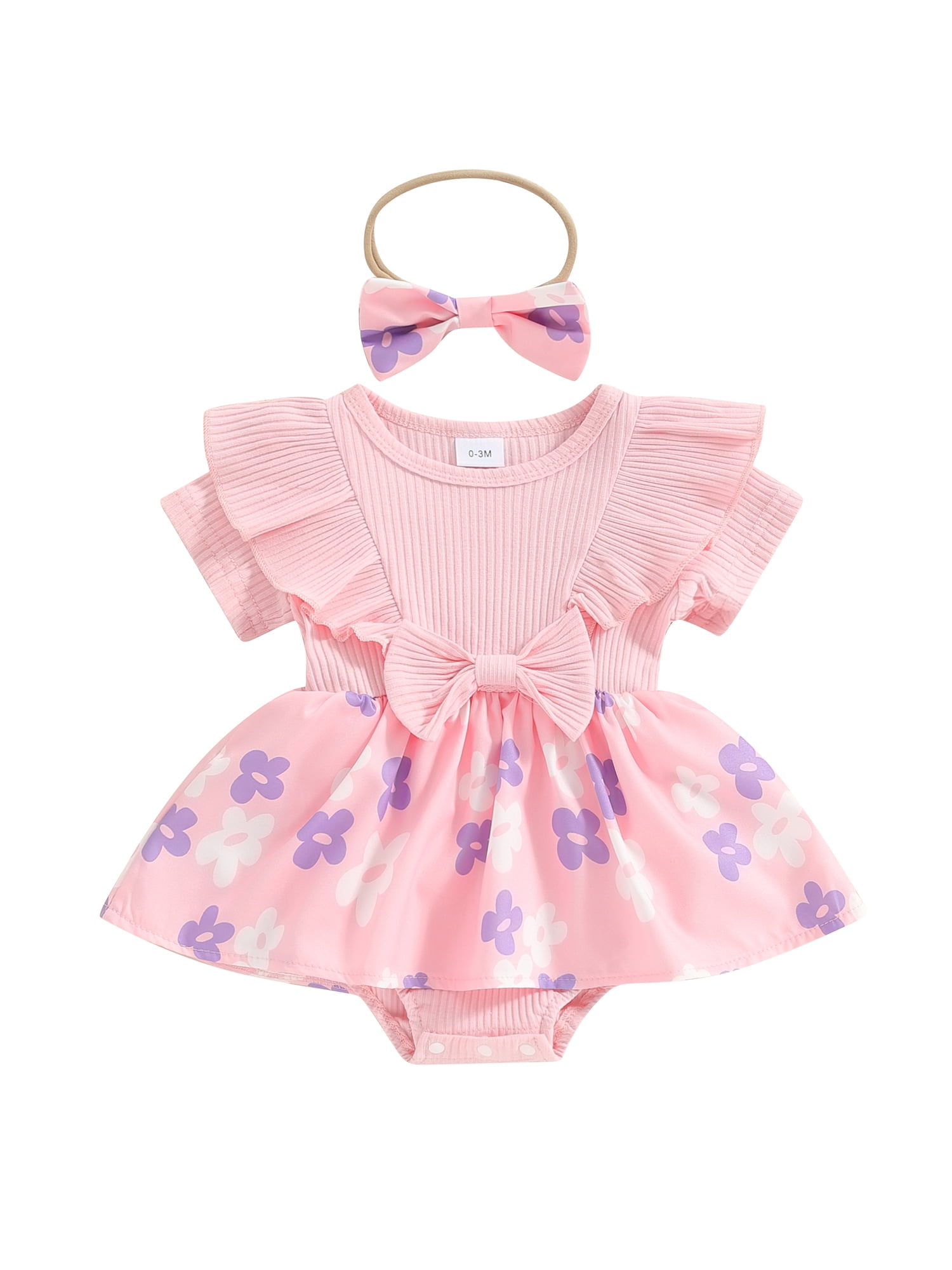 WERNZATT Baby Girl Summer Outfits Floral Print Short Sleeve Ribbed Romper Dress with Headband ...