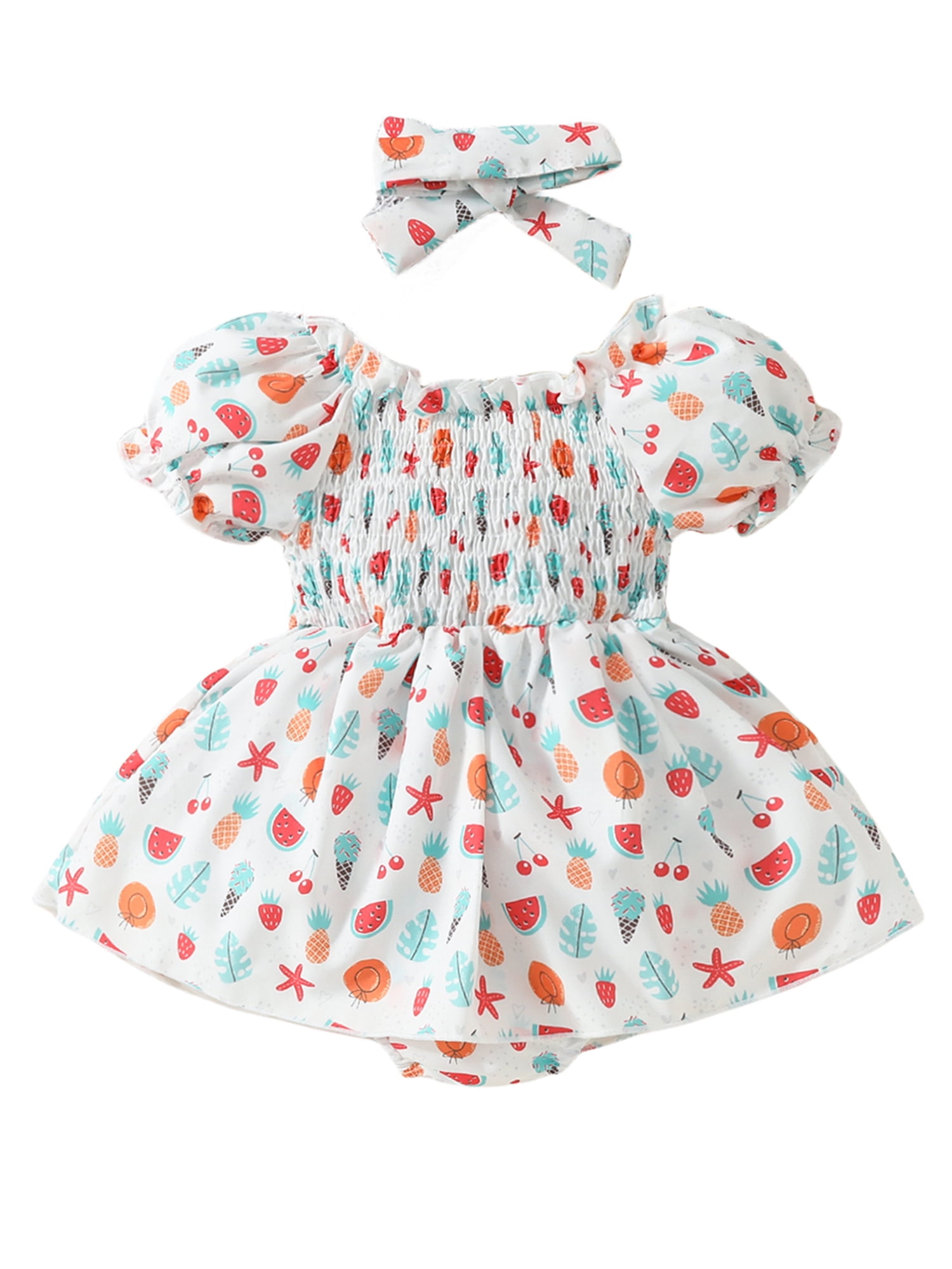 WERNZATT Baby Girl Summer Outfits Fruit Print Short Sleeve Romper Dress with Cute Headband Set ...