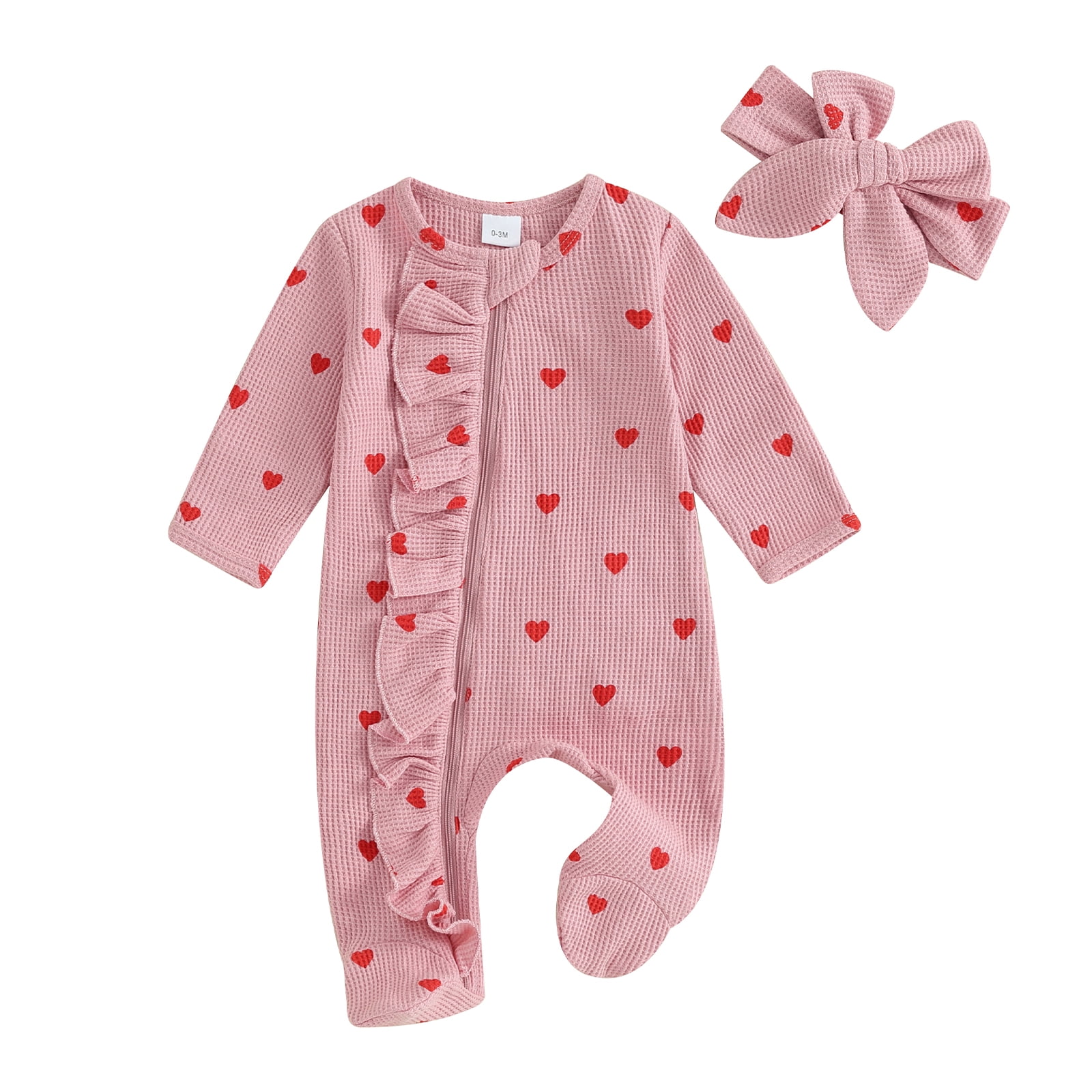 WERNZATT Baby Girls Valentine's Day One Piece Jumpsuit Long Sleeve Crew Neck Heart Print Ruffle ...