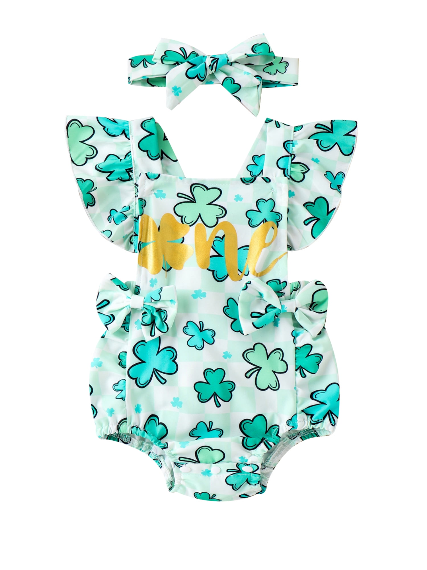 WERNZATT Infant Baby Girl Easter One Piece Jumpsuit Bunny/Shamrock Print Flying Sleeve Romper ...